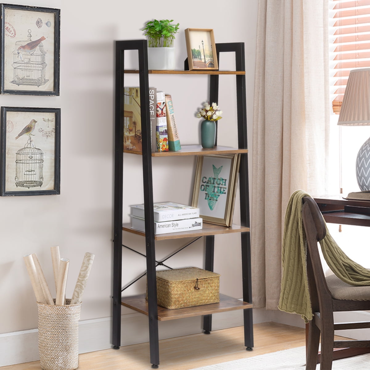 AUGIENB Industrial Ladder Shelf, 4-Tier Bookshelf, Vintage Rustic ...