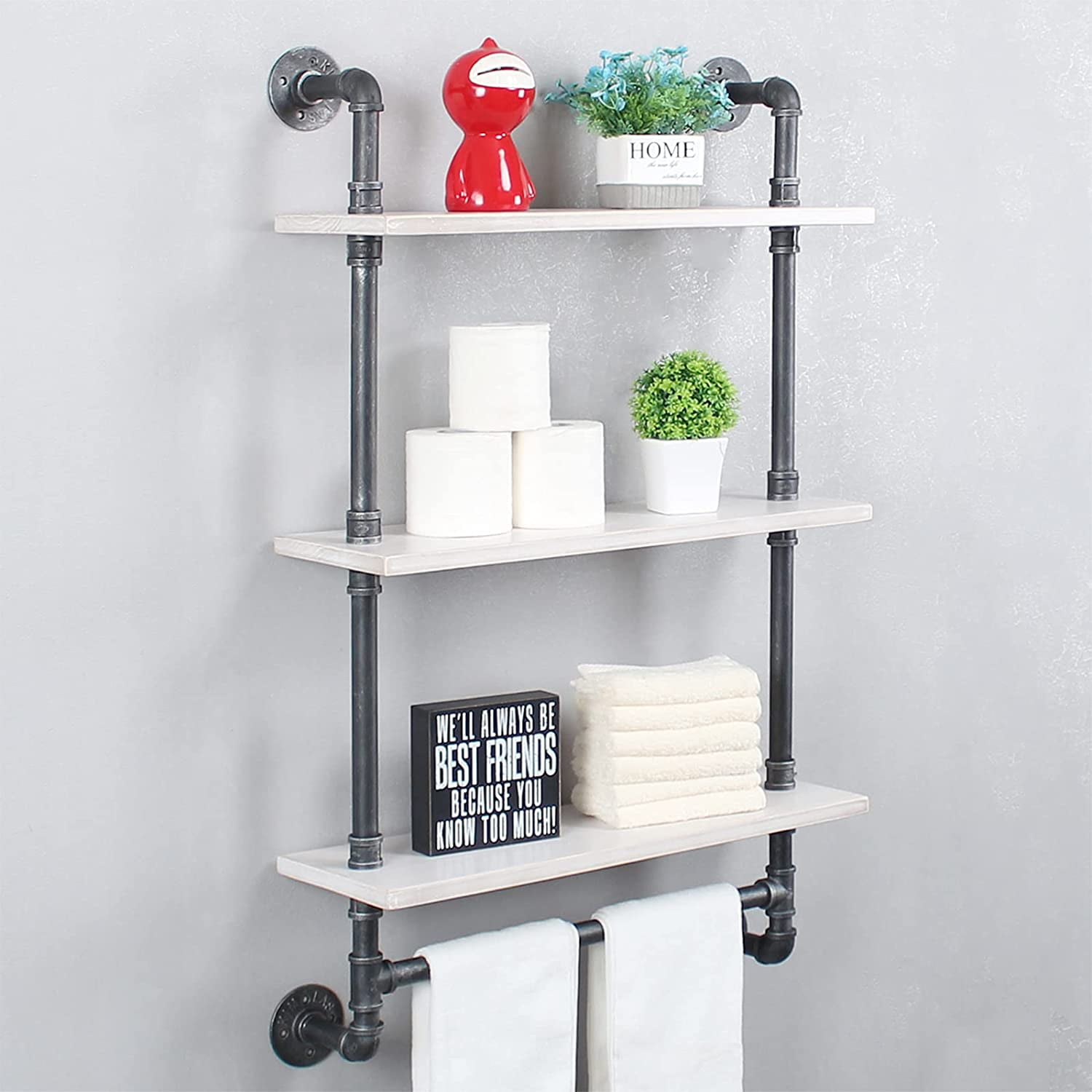 Industrial Shelving,Bathroom Shelves with Towel bar,24in Rustic Metal ...