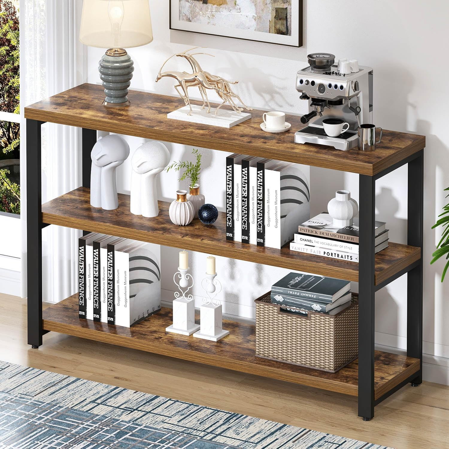 Industrial Sofa Console Table, Entryway Table with 3 Tier Wood Storage ...