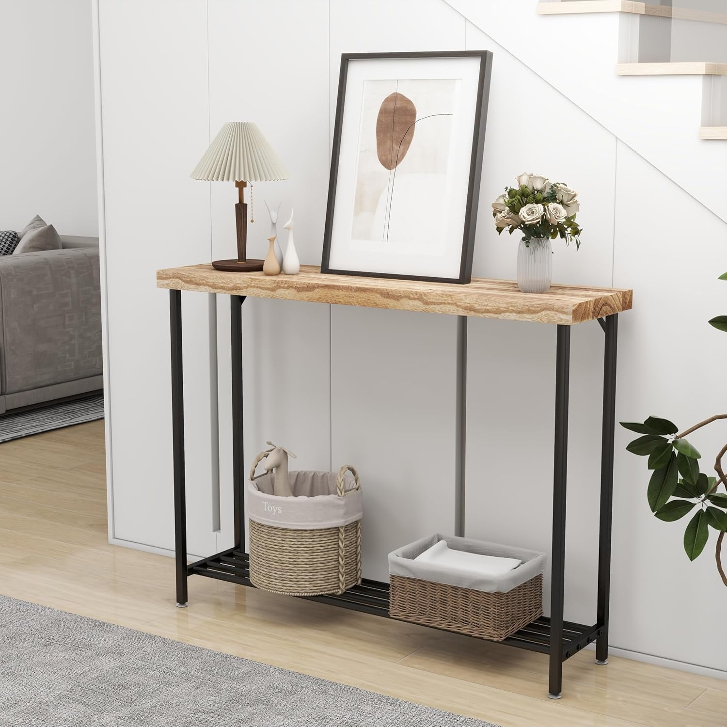 Industrial Solid Wood Console Table, 2 Tier Entryway Table with Storage ...