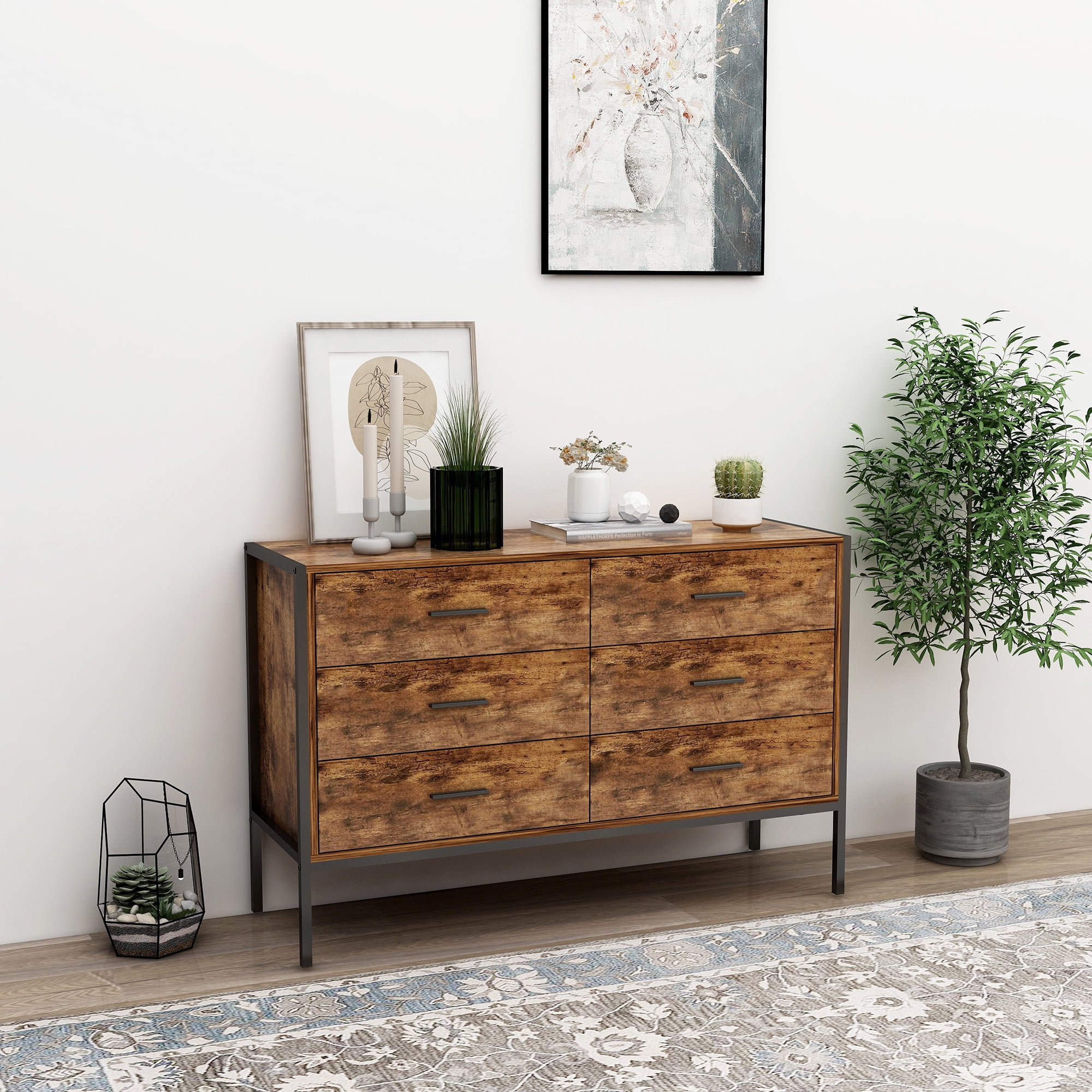 Industrial Style 6 Drawer Double Dresser,Rustic Brown Wood Storage ...