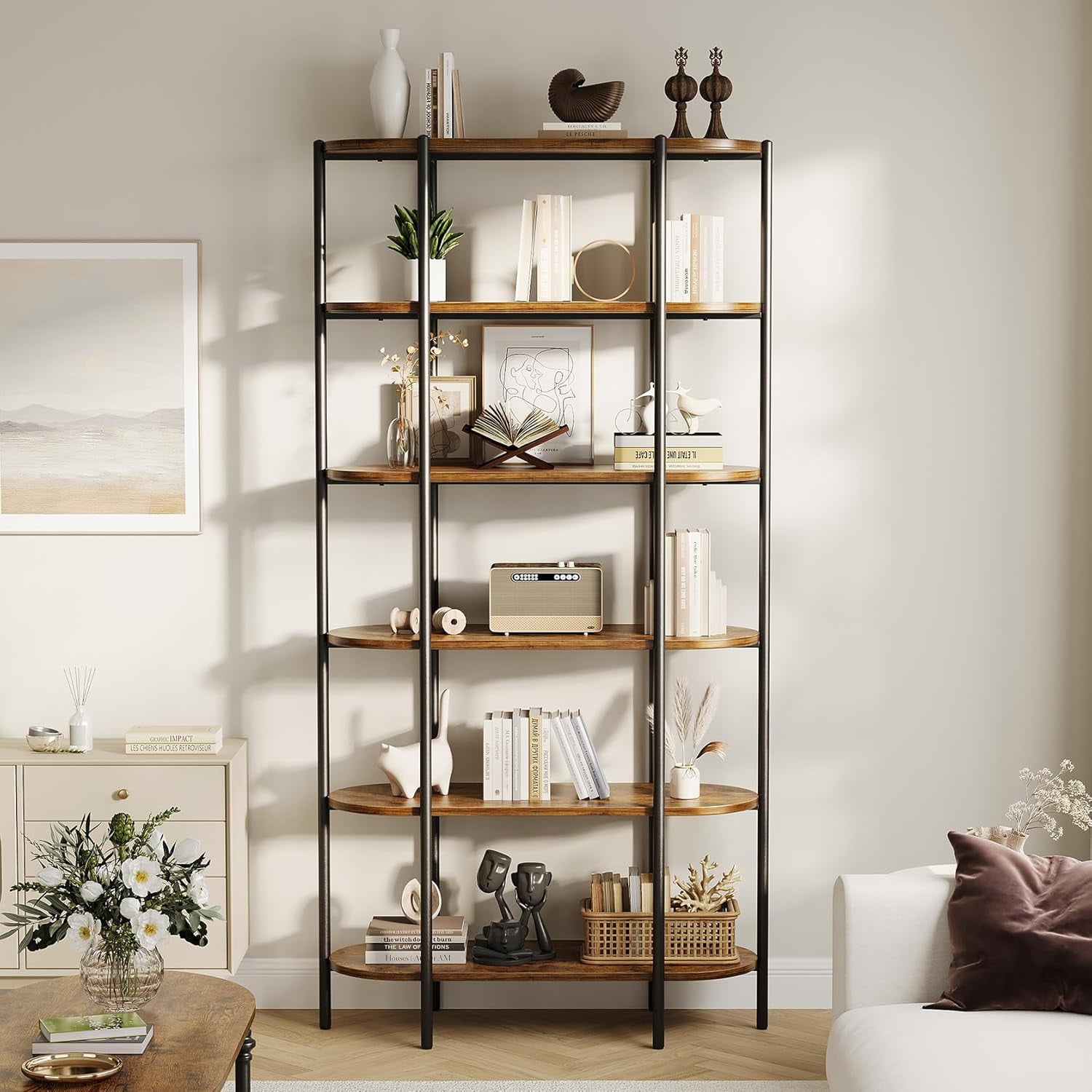 Industrial Style 6 Tier Bookshelf, 71" Tall Bookcase Oval Vintage ...