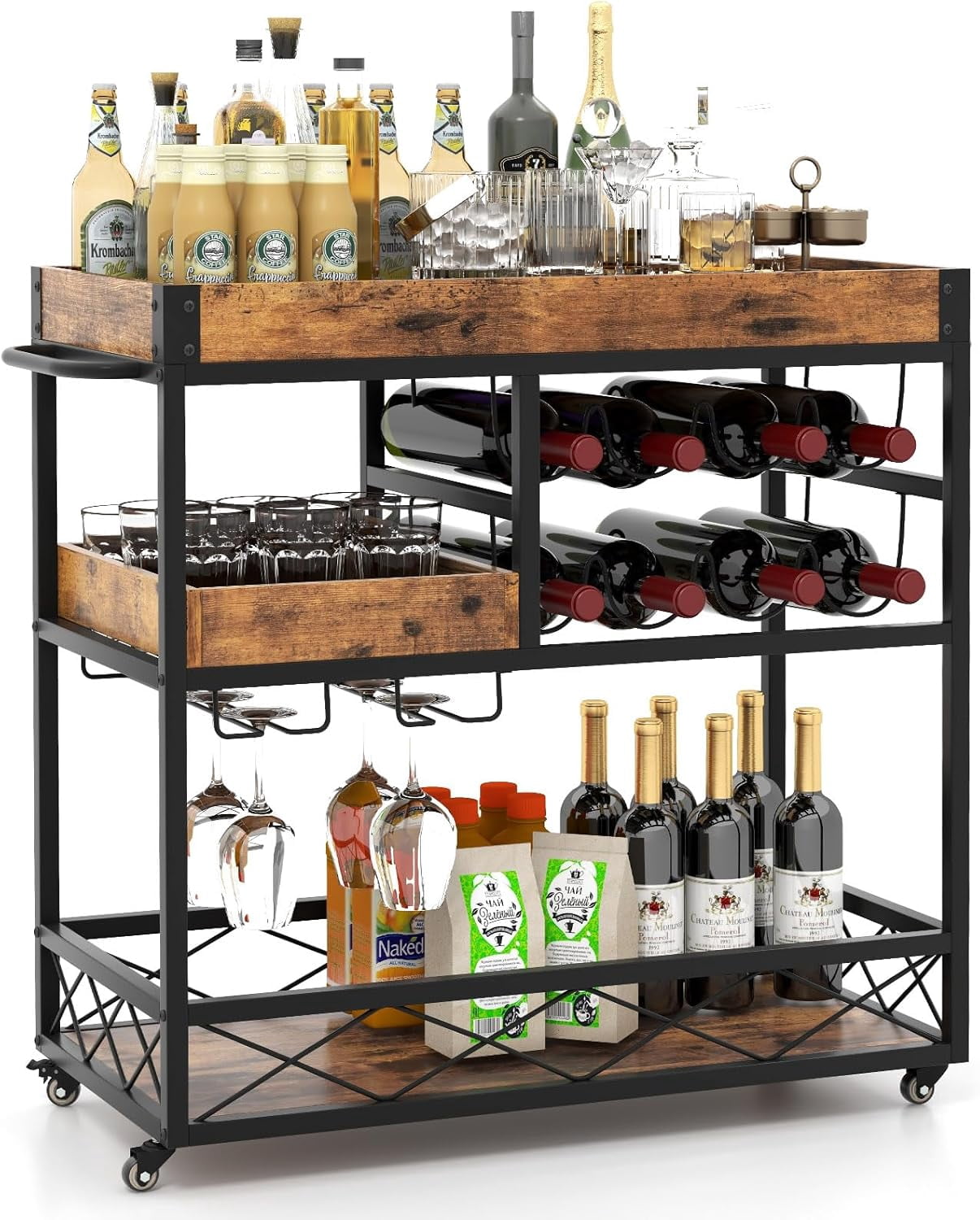 Industrial Style Bar Cart 3-Tier Rolling Bar Cart with Removable Tray ...