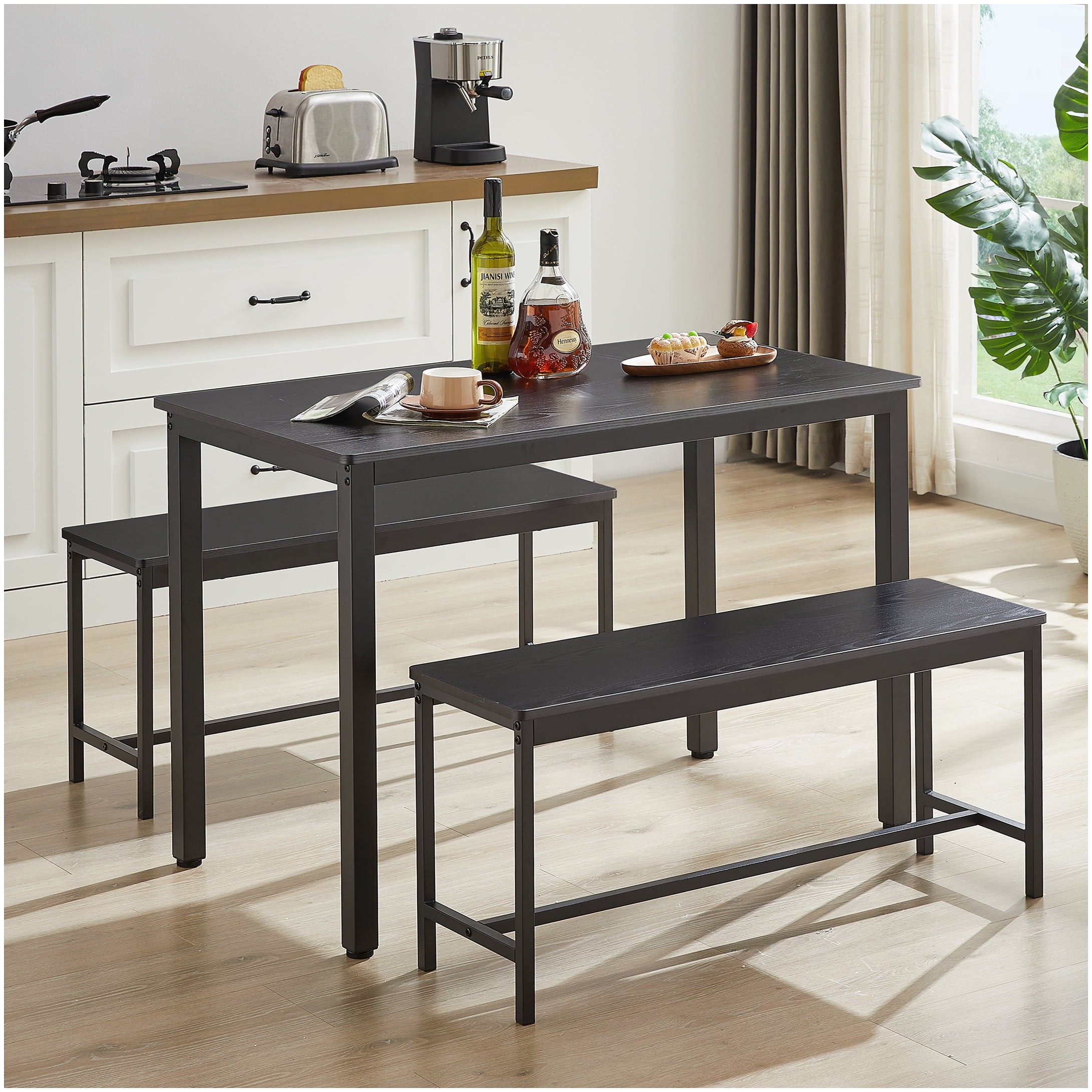 Industrial Style Dining Set, Black Table and 2 Benches, Counter Height ...