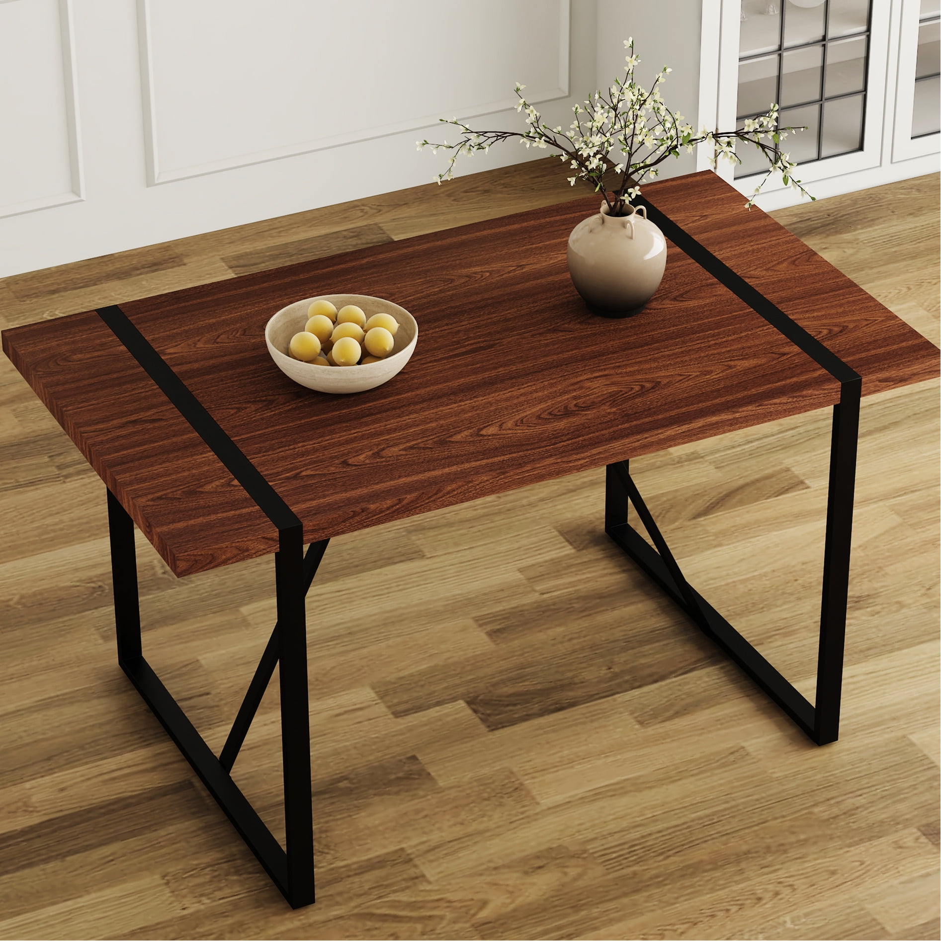 Industrial Style Dining Table In Walnut Color, 1.5" Thick Top With ...