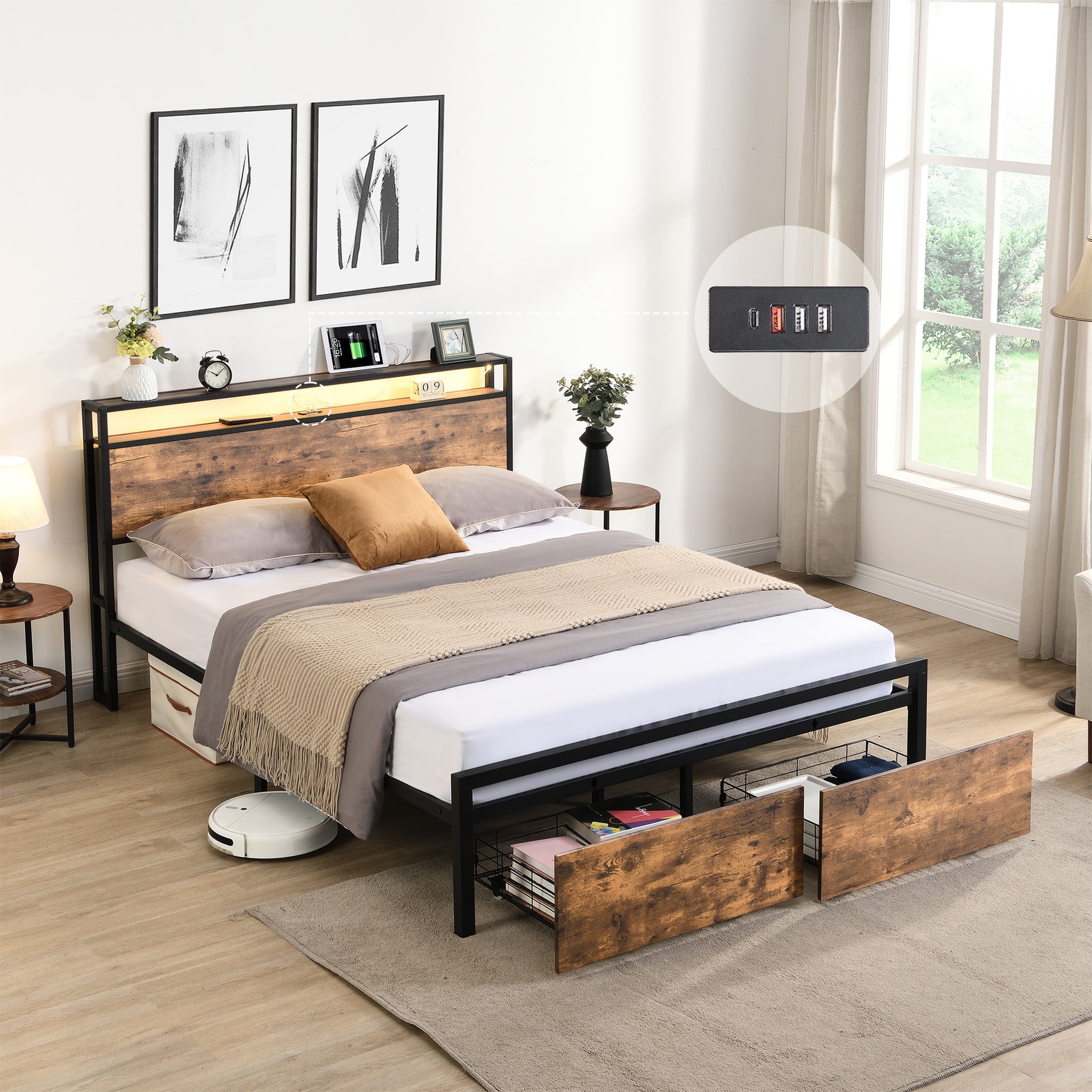 Industrial Style Full Bed Frame with Fast Charging, Storage Shelf and ...