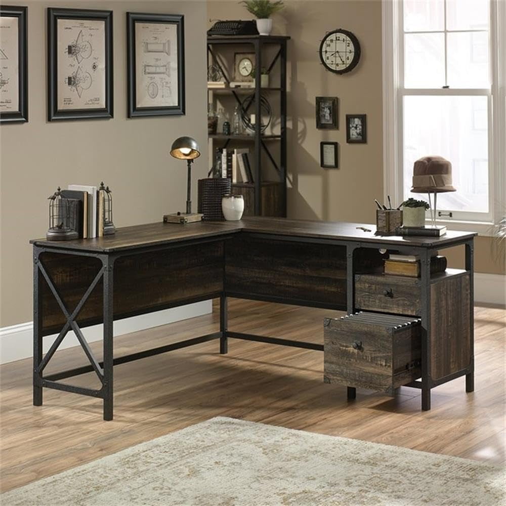 Industrial Style L-Shaped Corner Desk in Rustic Carbon Oak and Black ...