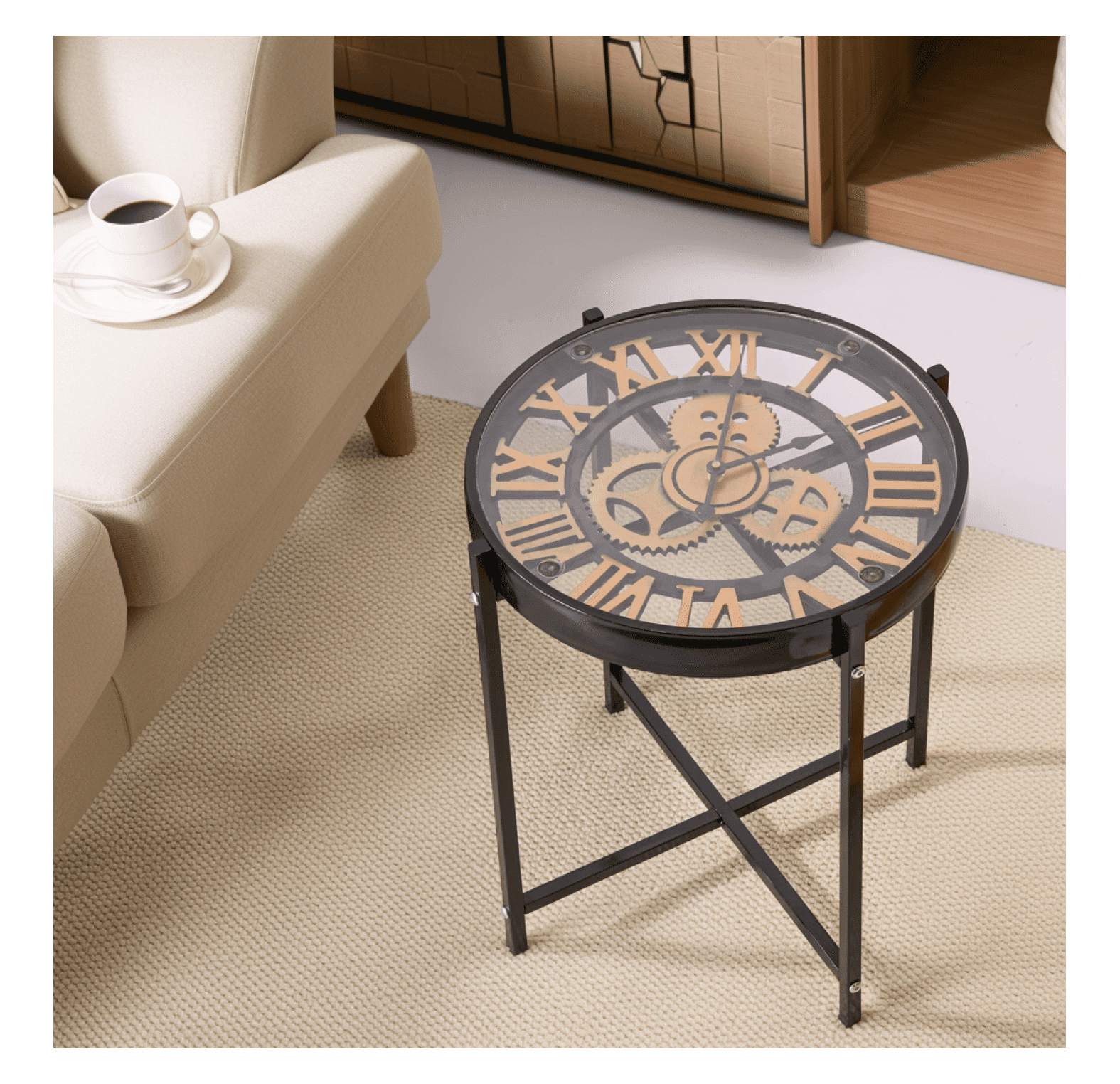 Industrial Style Mechanical Clock Coffee Table, Side Table, Glass Metal ...