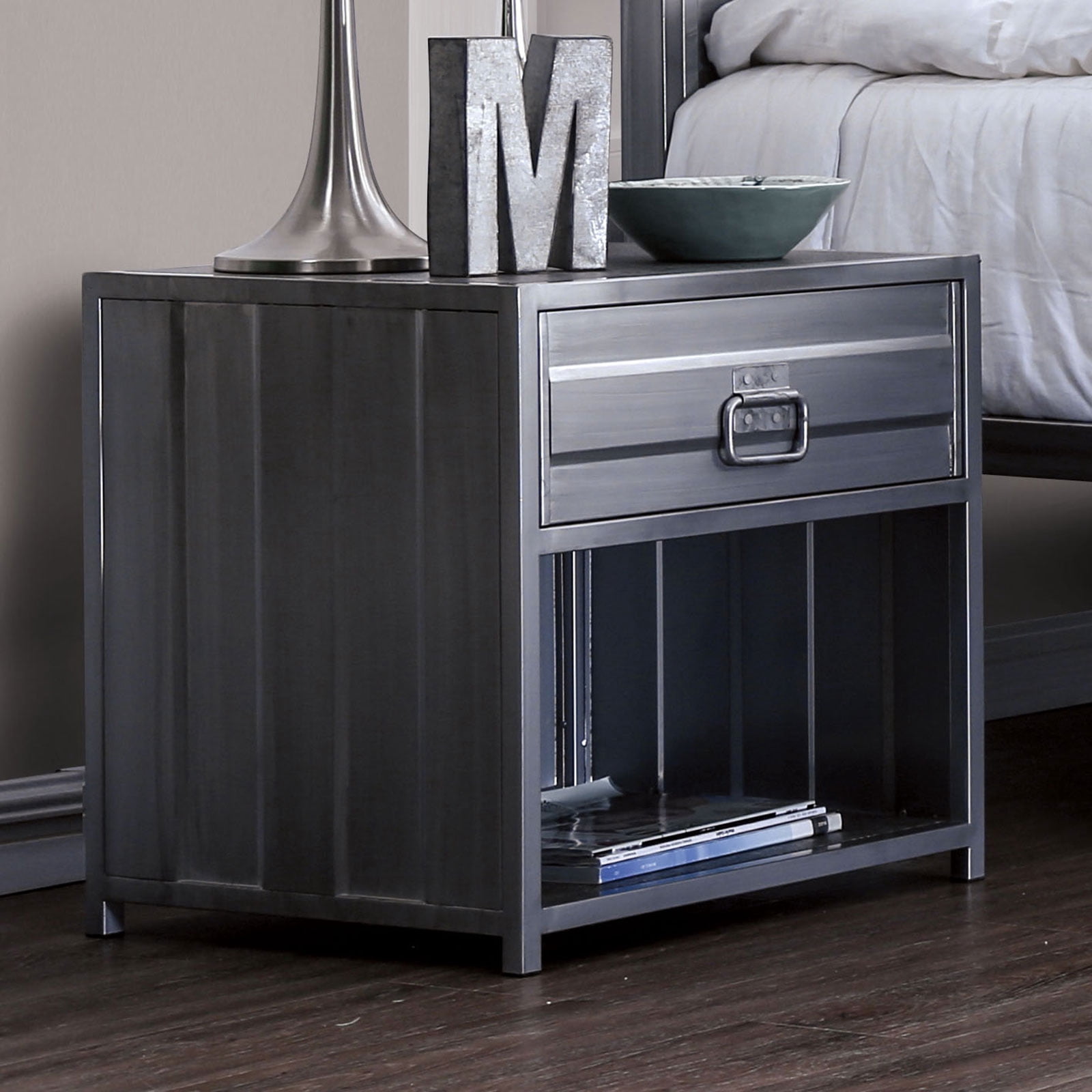 Industrial Style Metal Nightstand With Bottom Shelf, Grey - Walmart.com