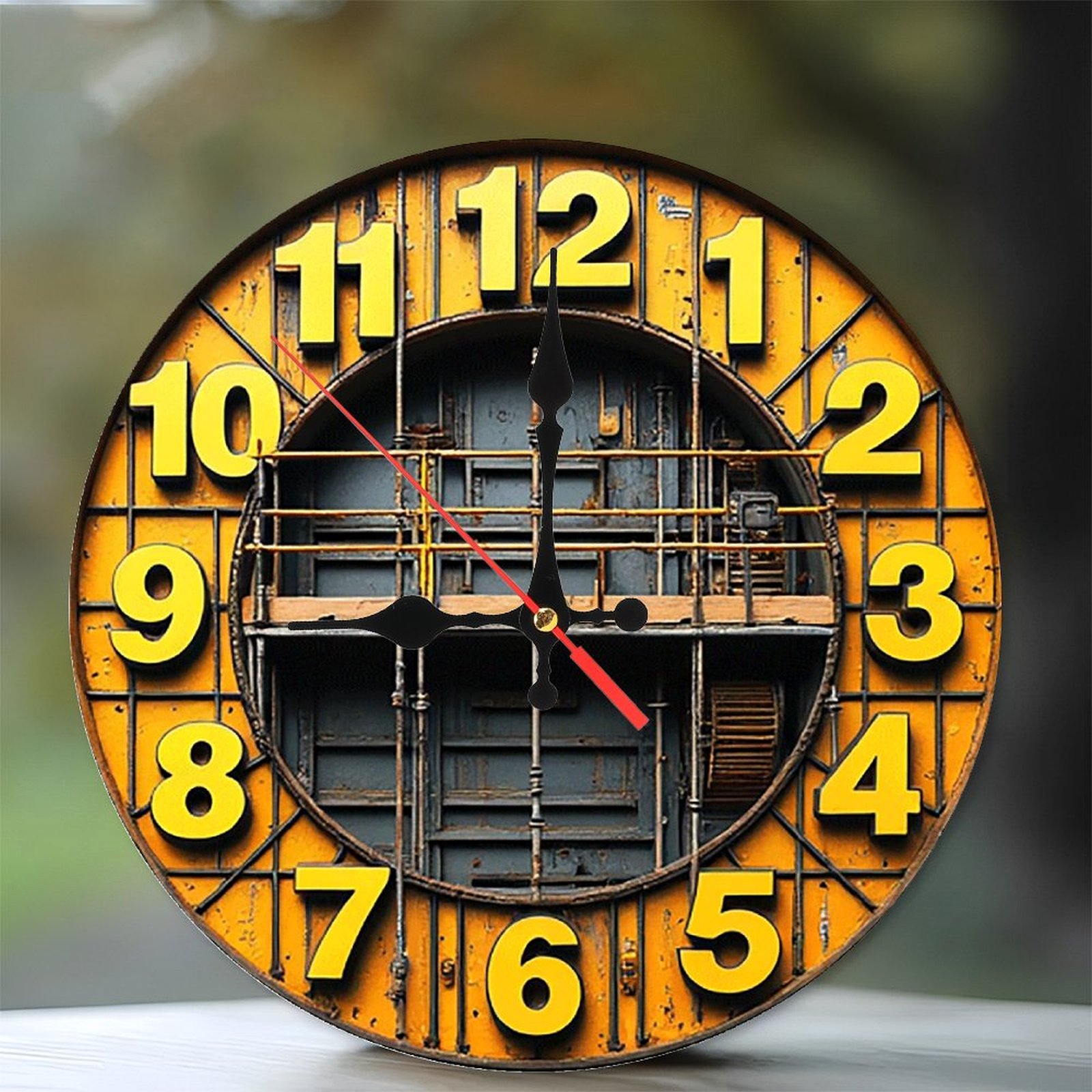 Industrial Style Yellow Number Clock Wall Clock 10-Inch Silent Wooden ...