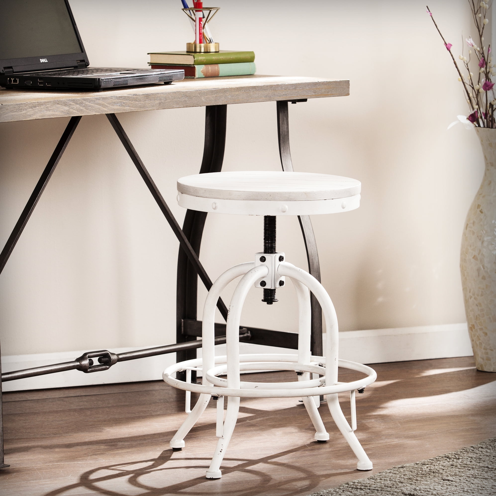 Industrial Swivel Stool In White, Merge, Rustic Plank Seat For Outdoor ...