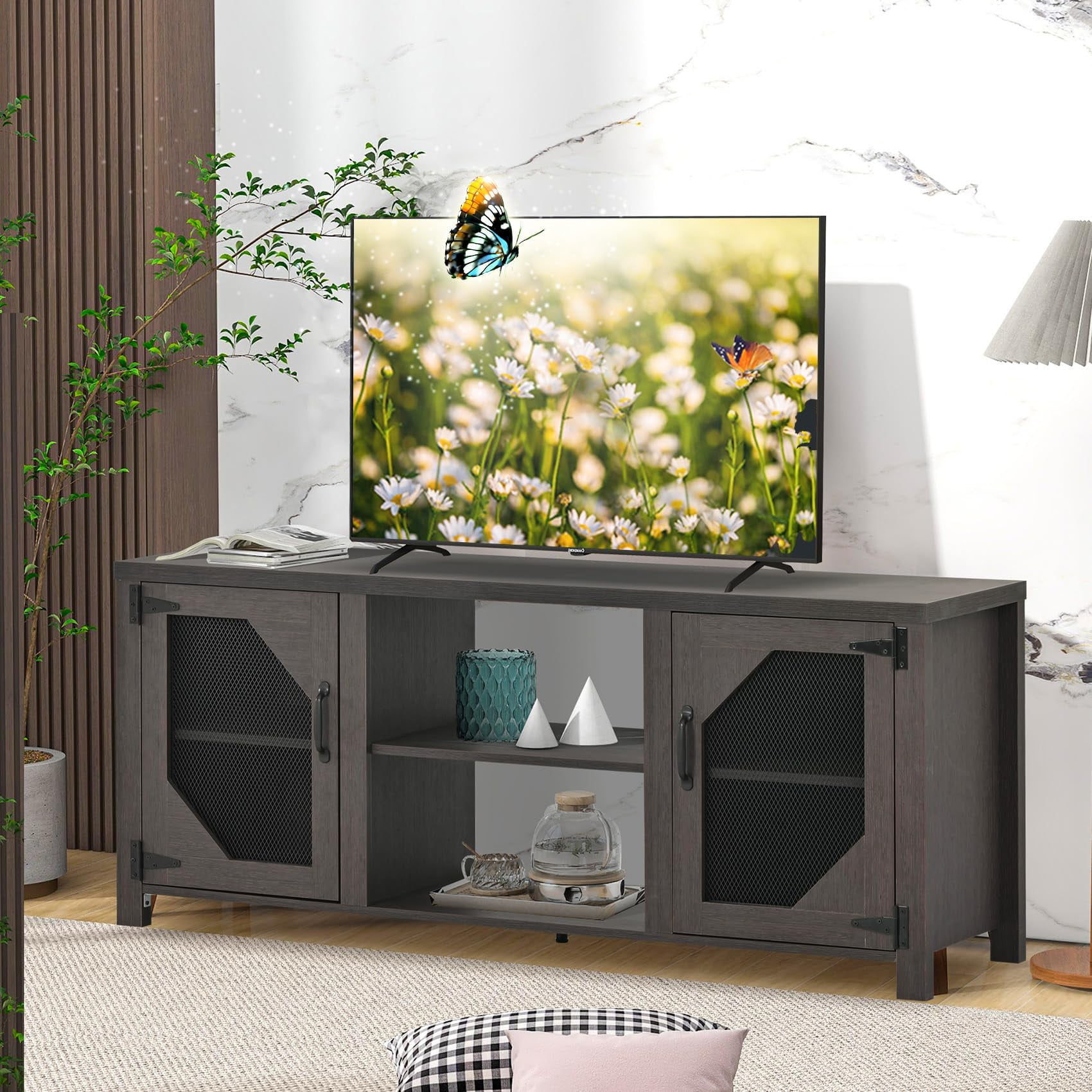 Industrial TV Stand with Storage Cabinet, Wood Entertainment Center for ...
