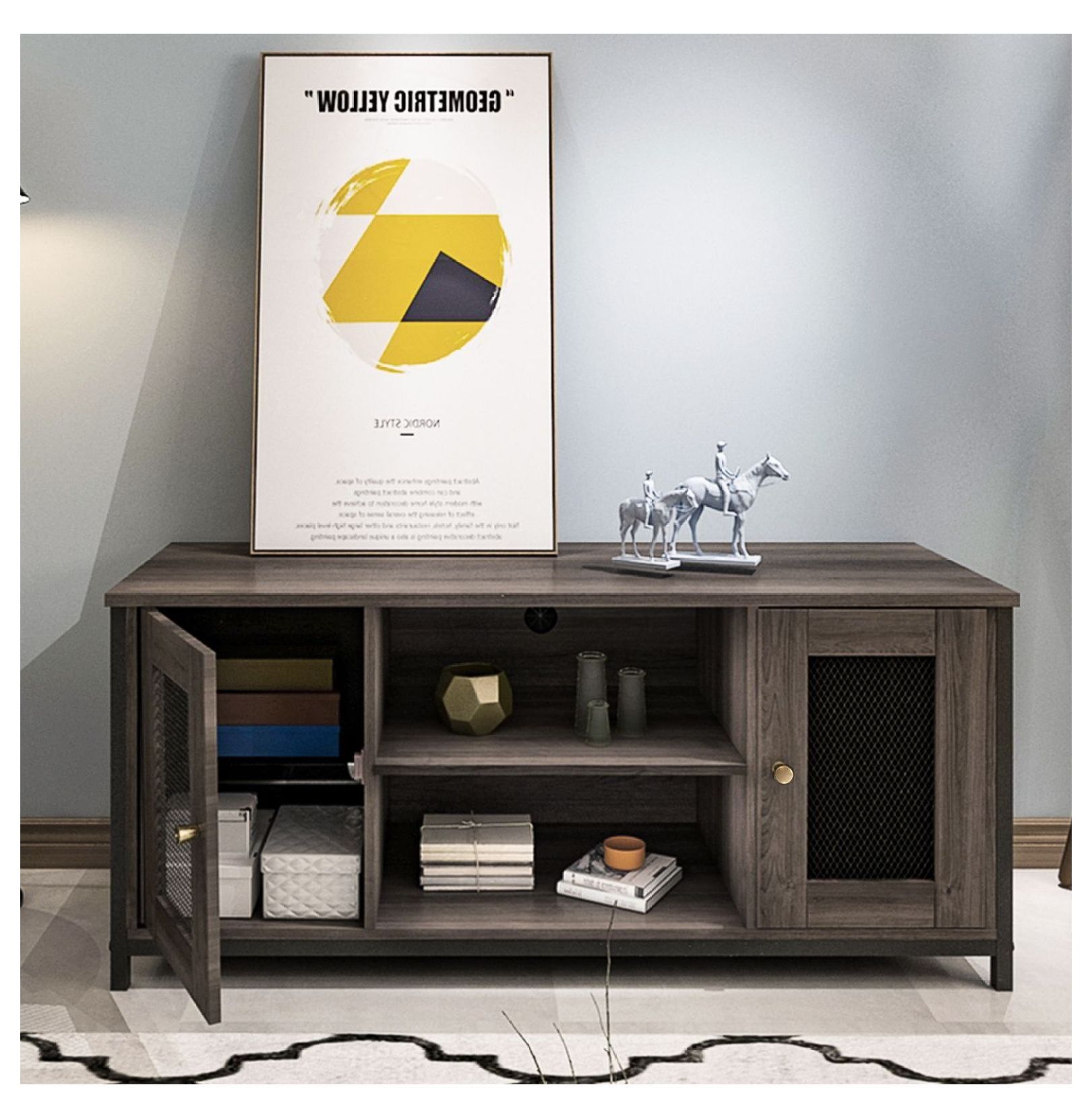 Industrial TV Stand with Storage Shelf, Cable Management, Cabinets, and ...