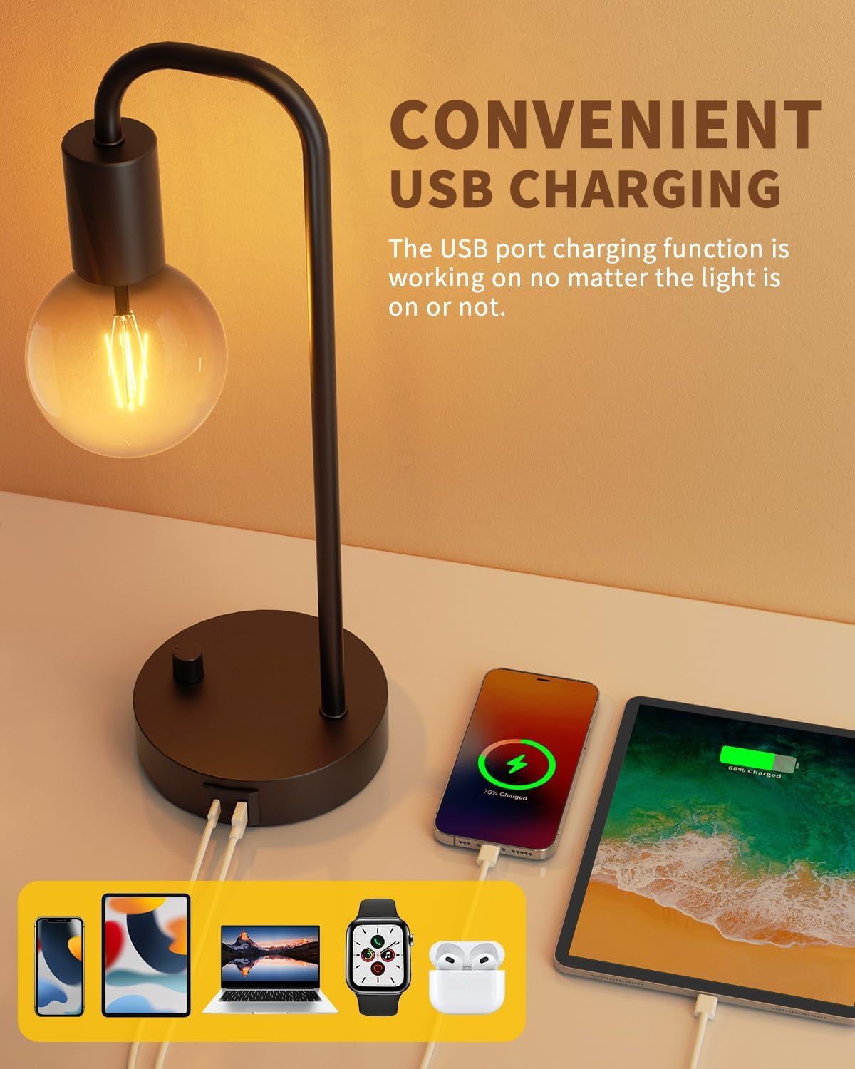 Industrial Table Lamp Set of 2 with USB C&A Charging Port, Stepless ...