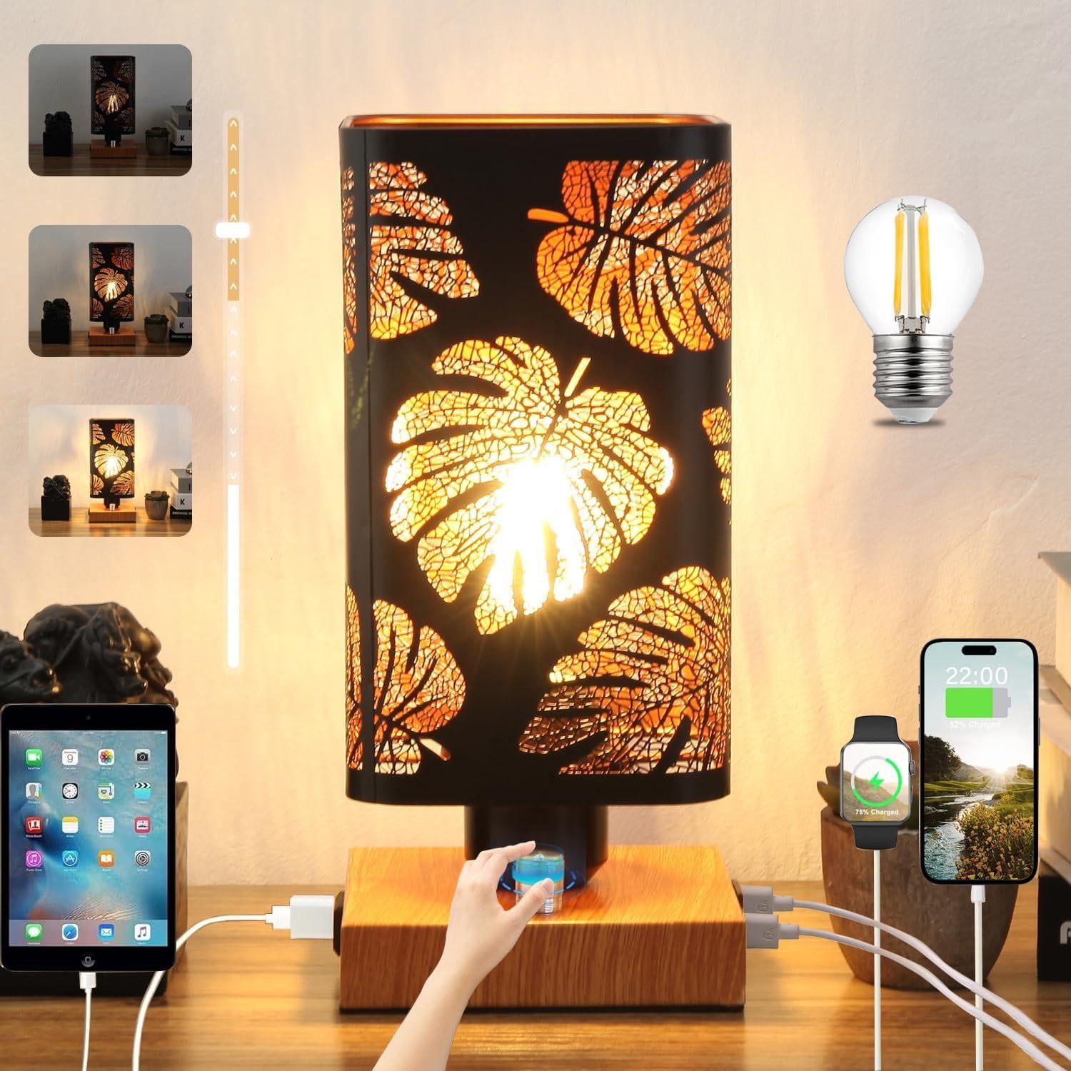 Industrial Table Lamp with USB Ports and Outlet, Rustic Dimmable ...