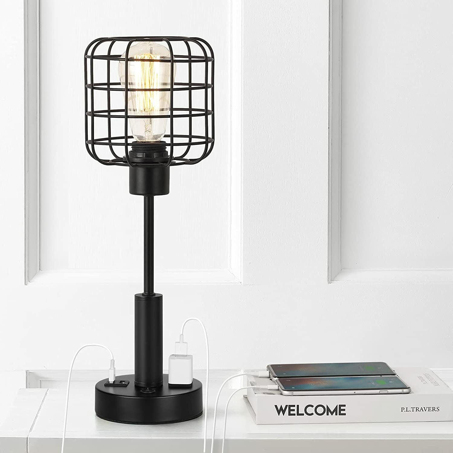 Industrial Table Lamps with USB Ports Outlet, Metal Cage for Bedroom ...