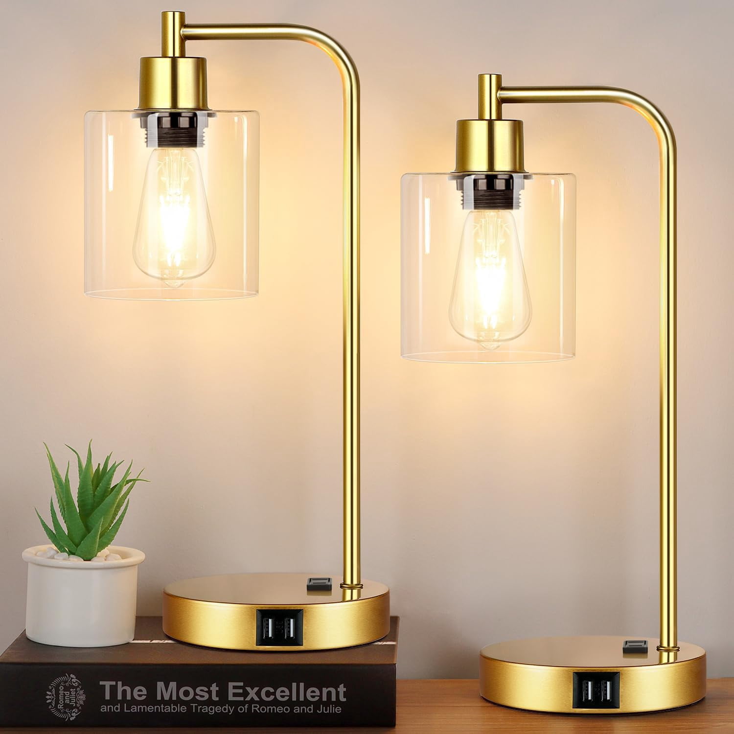 Industrial Touch Control Table Lamps Set of 2 - Gold Nightstand Bedside ...