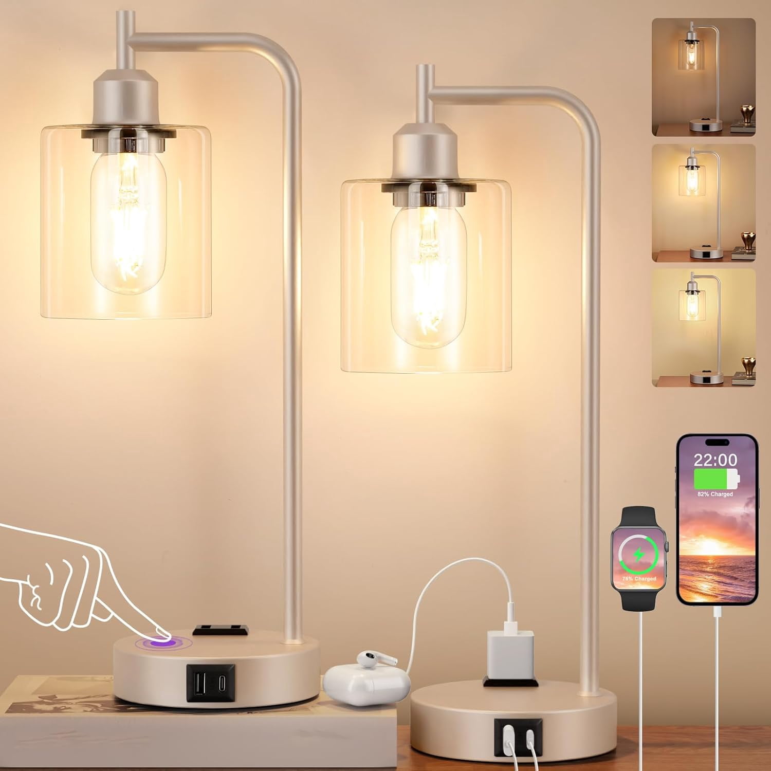 Industrial Touch Table Lamps for Bedrooms Set of 2 - 3-Way Dimmable ...