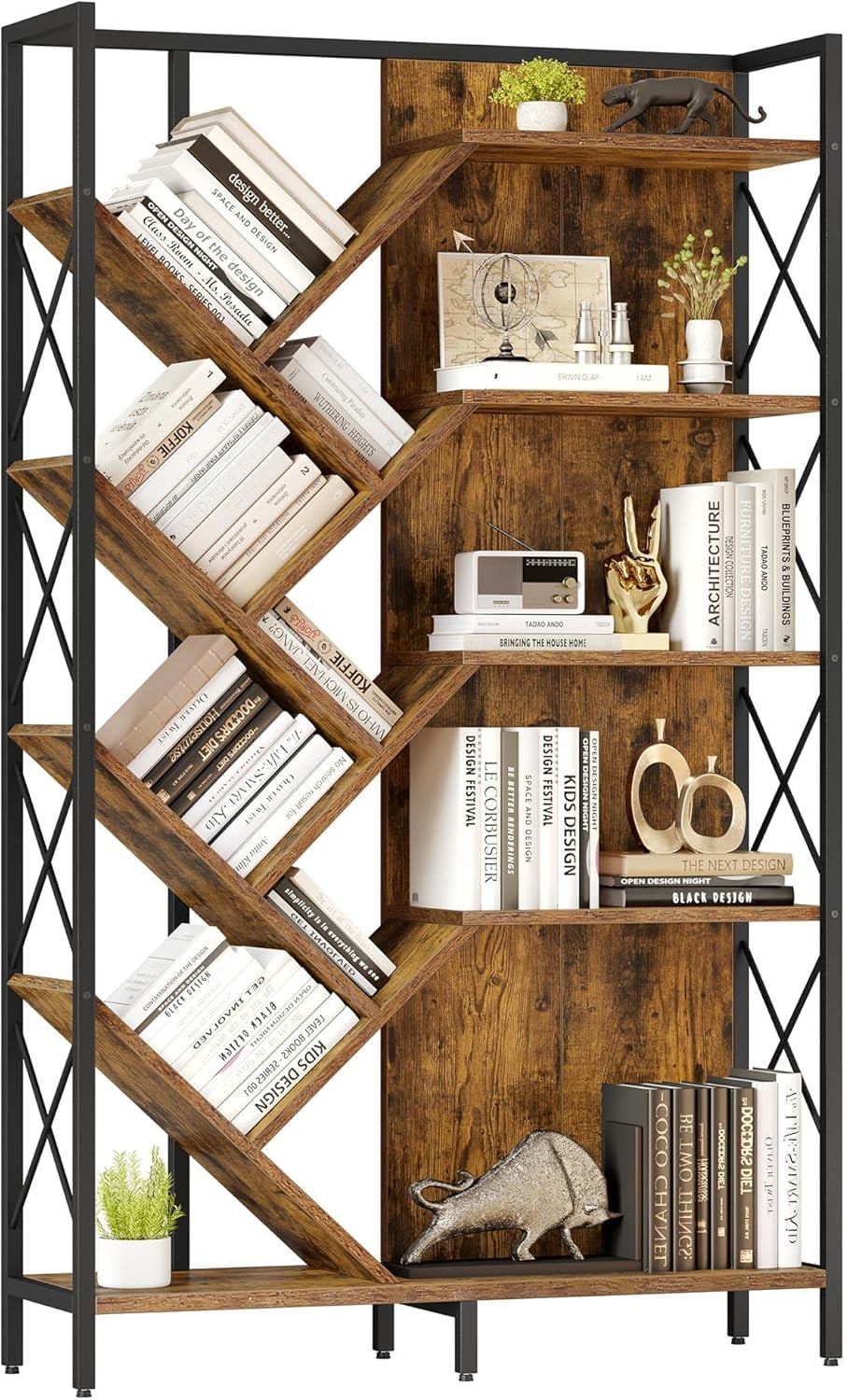 Industrial Tree Bookshelf, 5 Tier Bookcase Tall Standing Book Shelves ...