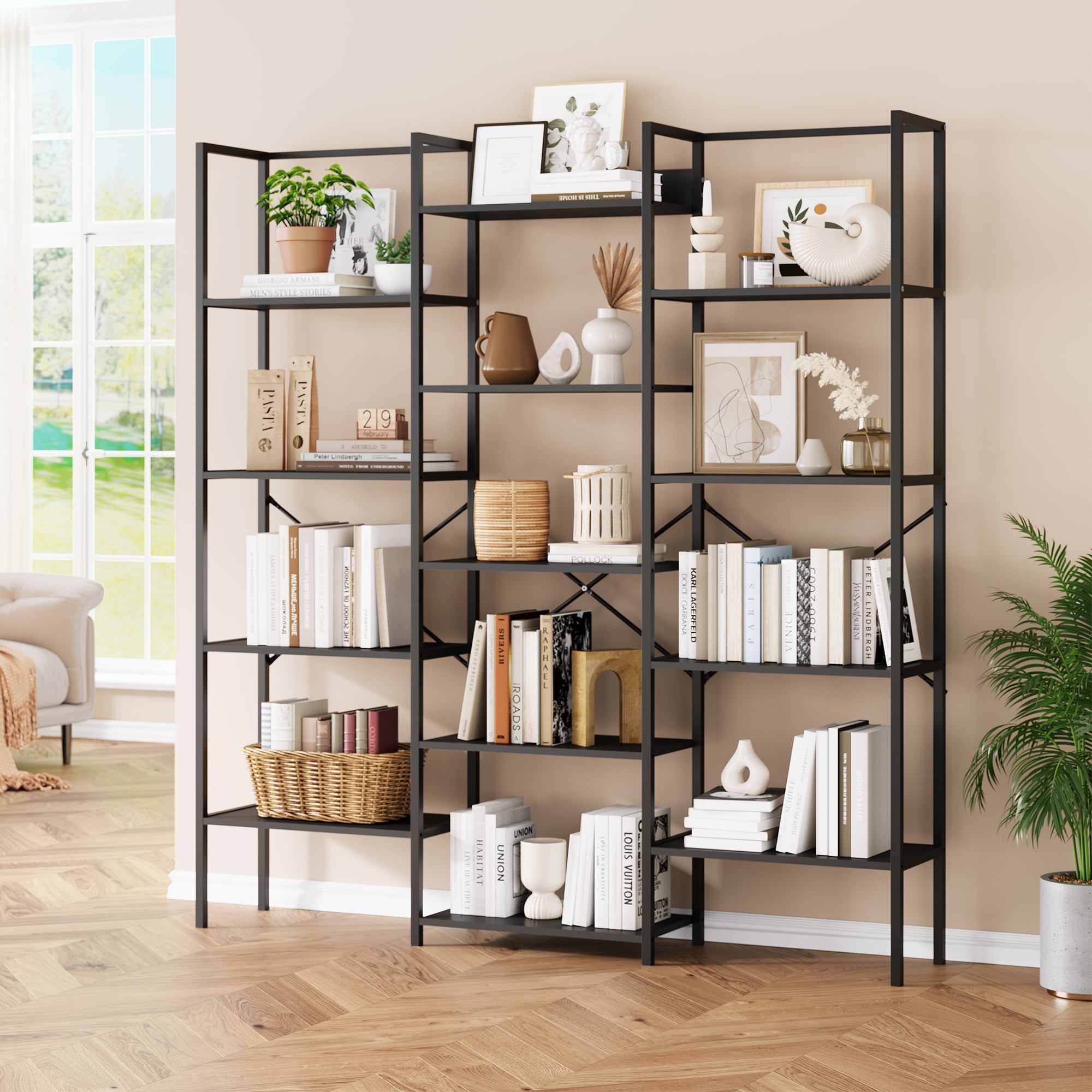 Industrial Triple-Column Bookshelf, 14 Adjustable Shelves, Heavy-Duty ...
