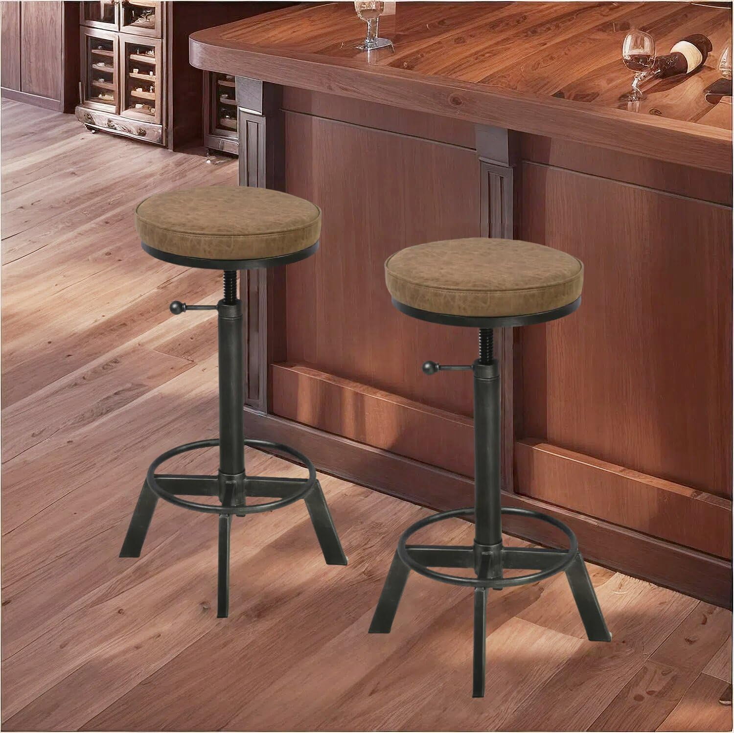 Industrial Vintage Stool Wood Seat Counter Stool Height Adjustable ...