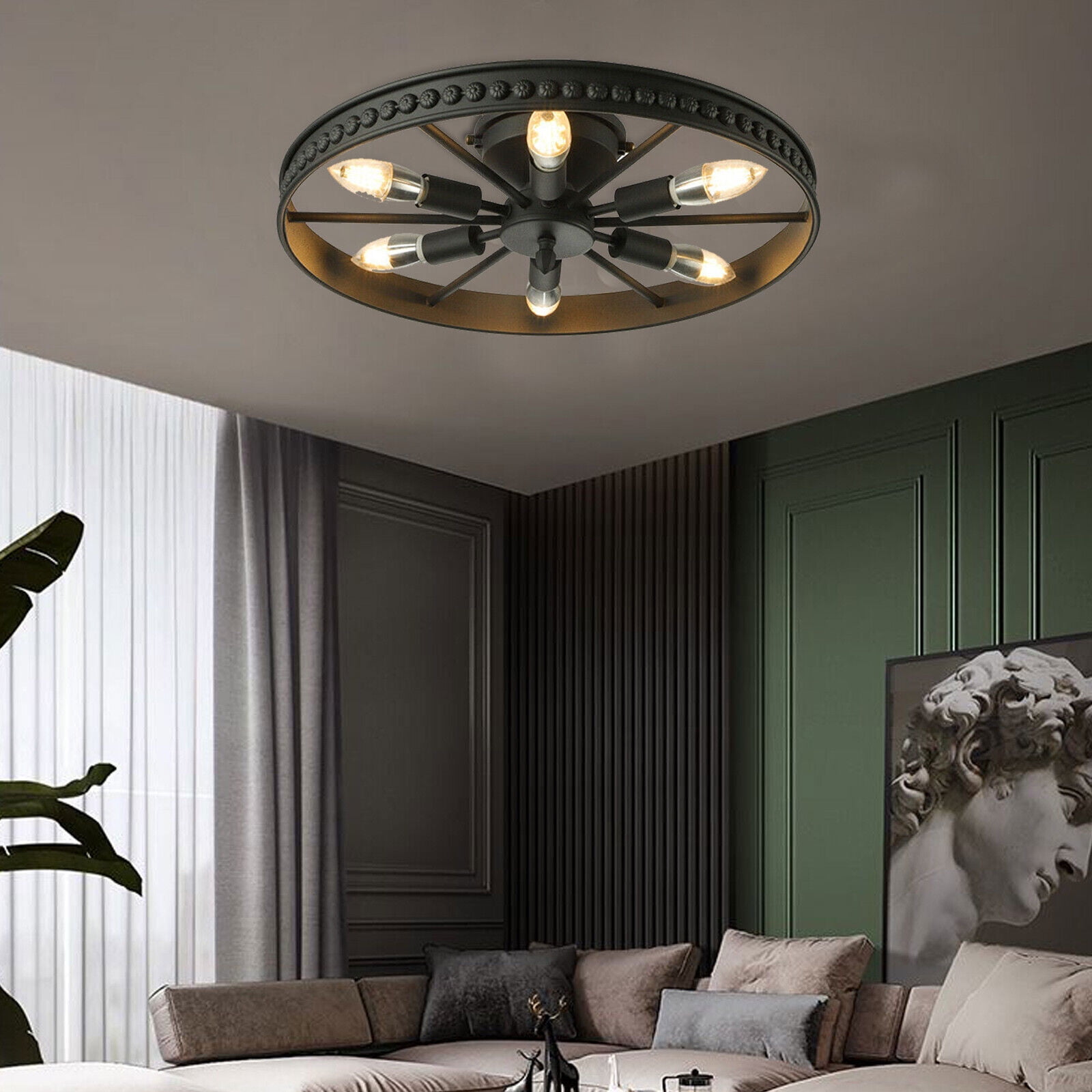 Industrial Wagon Wheel Chandelier 6 Lights Flush Mount Ceiling Light ...