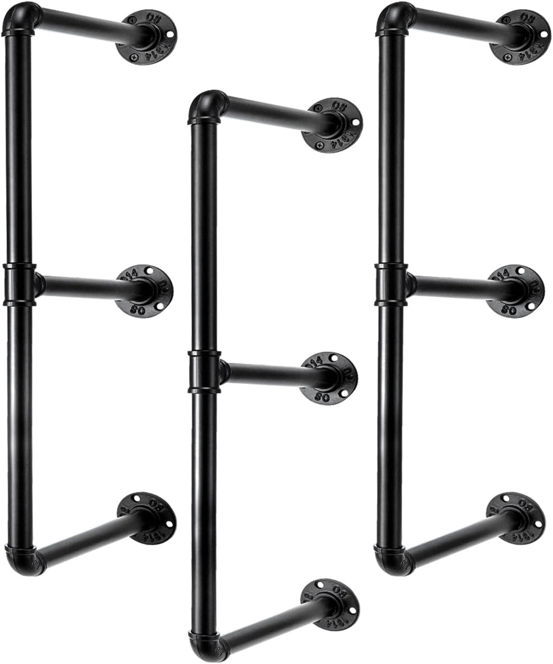 Industrial Wall Mount Iron Pipe Shelf, 3 Tier X3 Shelving Bracket Black ...