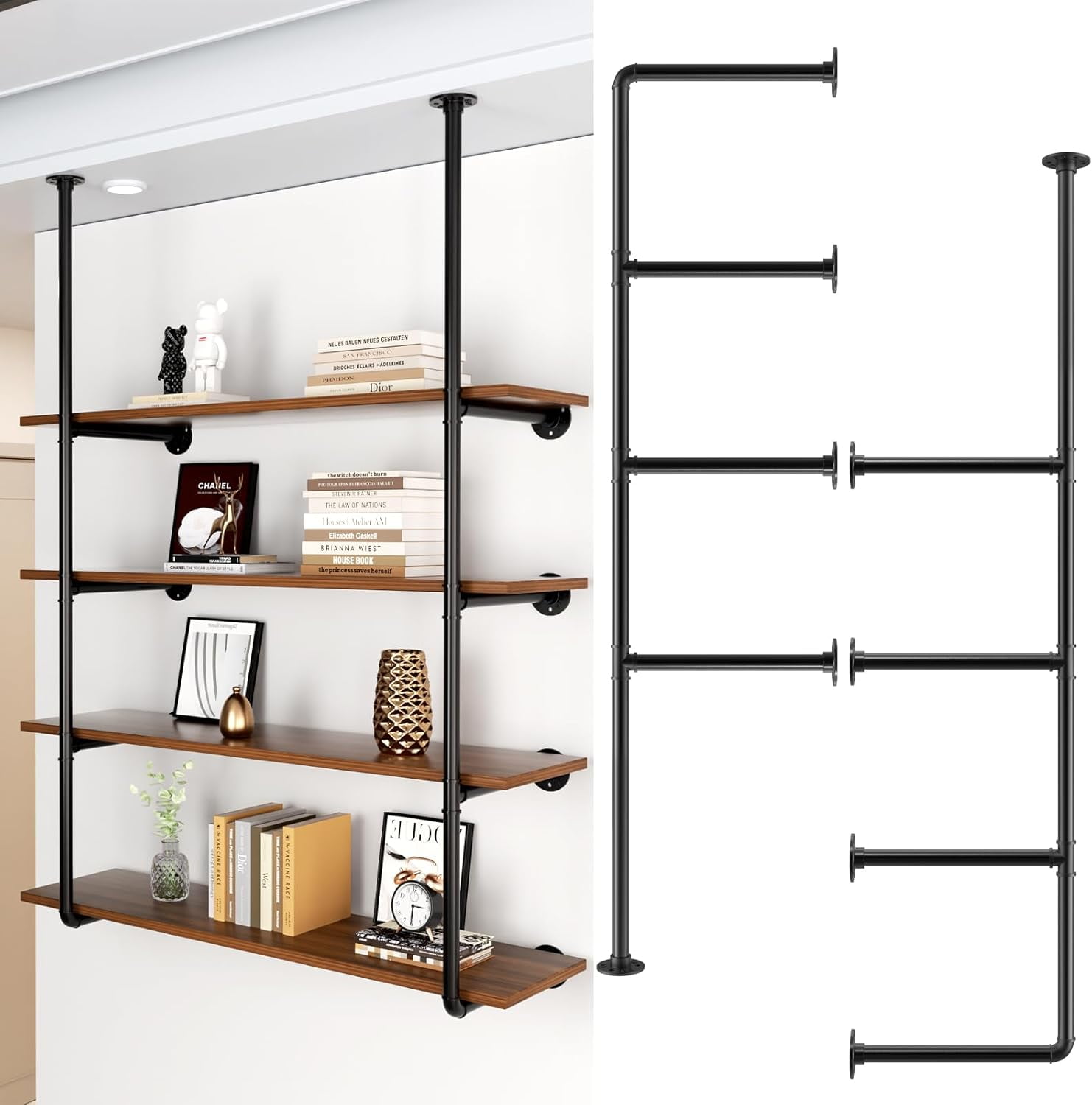 Industrial Wall Mount Iron Pipe Shelf - 4 Shelves Shelving Bracket (No Plank) DIY Open Bookshelf ...