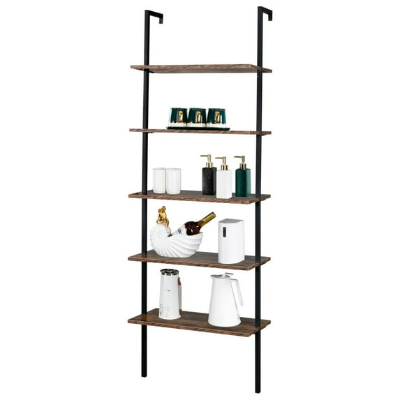 Industrial Wall Mounted Bookcase 5-Tier Open Ladder Shelf Bookshelf ...