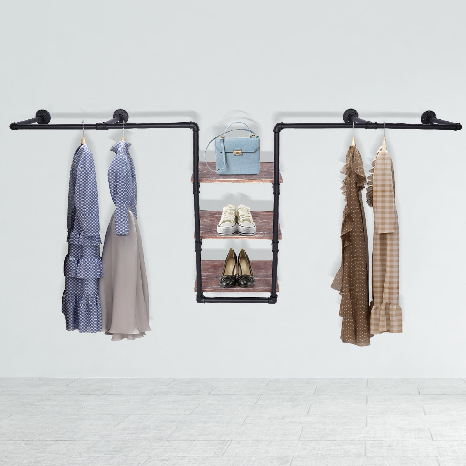 Industrial Wall-Mounted Display Shelf with 3 Wooden Shelves & 2 Hanging ...