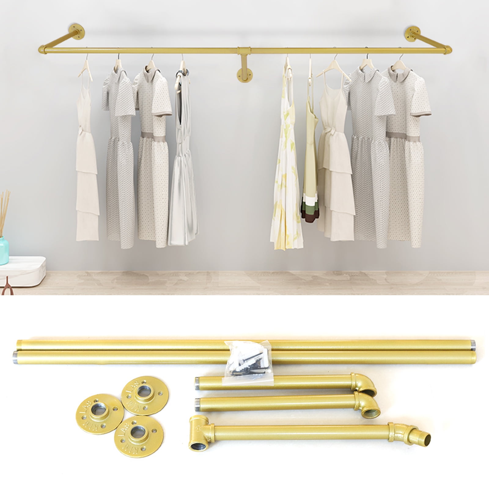 Industrial Wall Mounted Gold Metal Clothes Rack Pipe Clothes Hanging ...