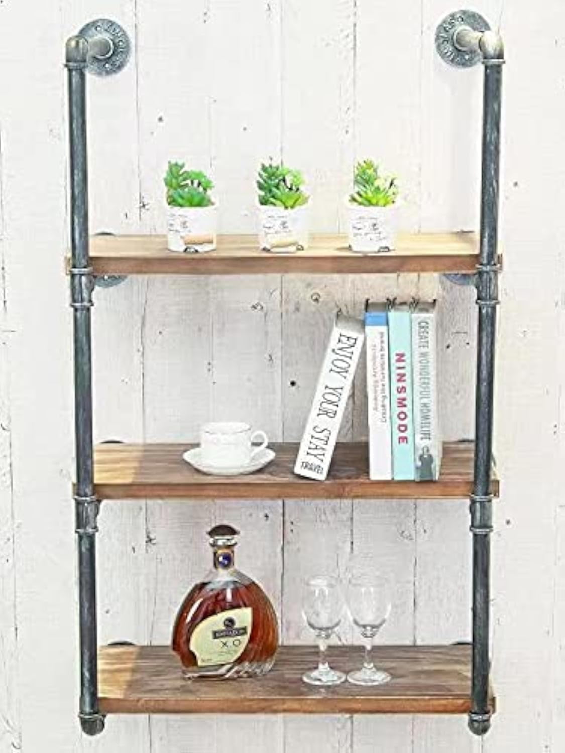 Industrial Wall Mounted Iron Floating Pipe Wood Shelves/Shelving/Racks ...
