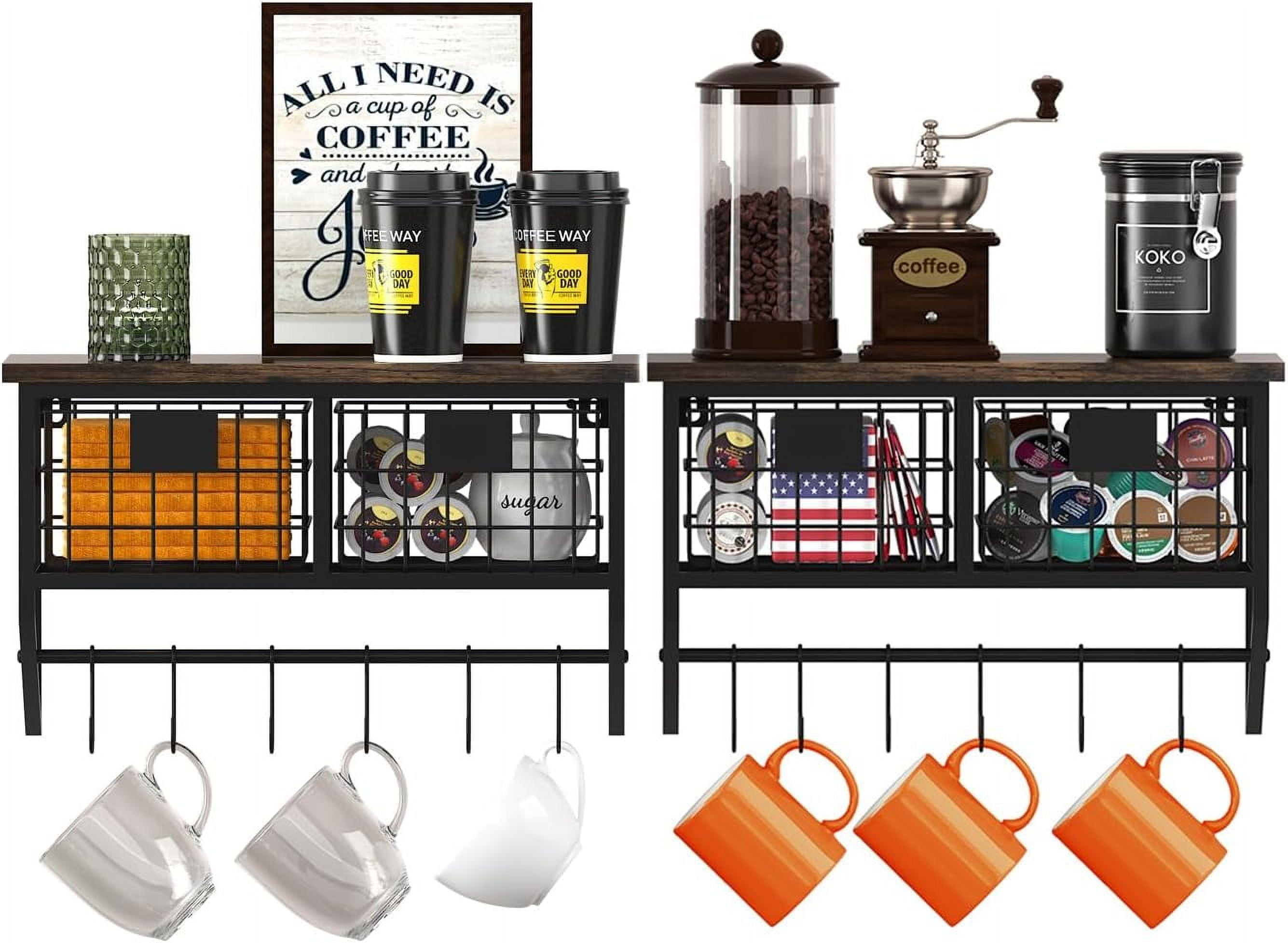 Industrial Wall Mounted Metal Wood Floating Shelves with Baskets Hooks ...