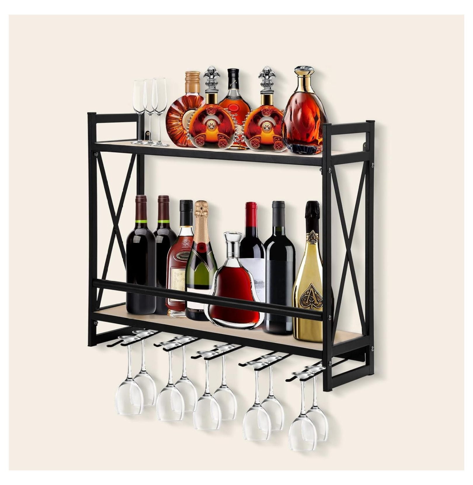 Industrial Wall-Mounted Wine Racks, 2 Tiers Metal Hanging Wine Shelf ...