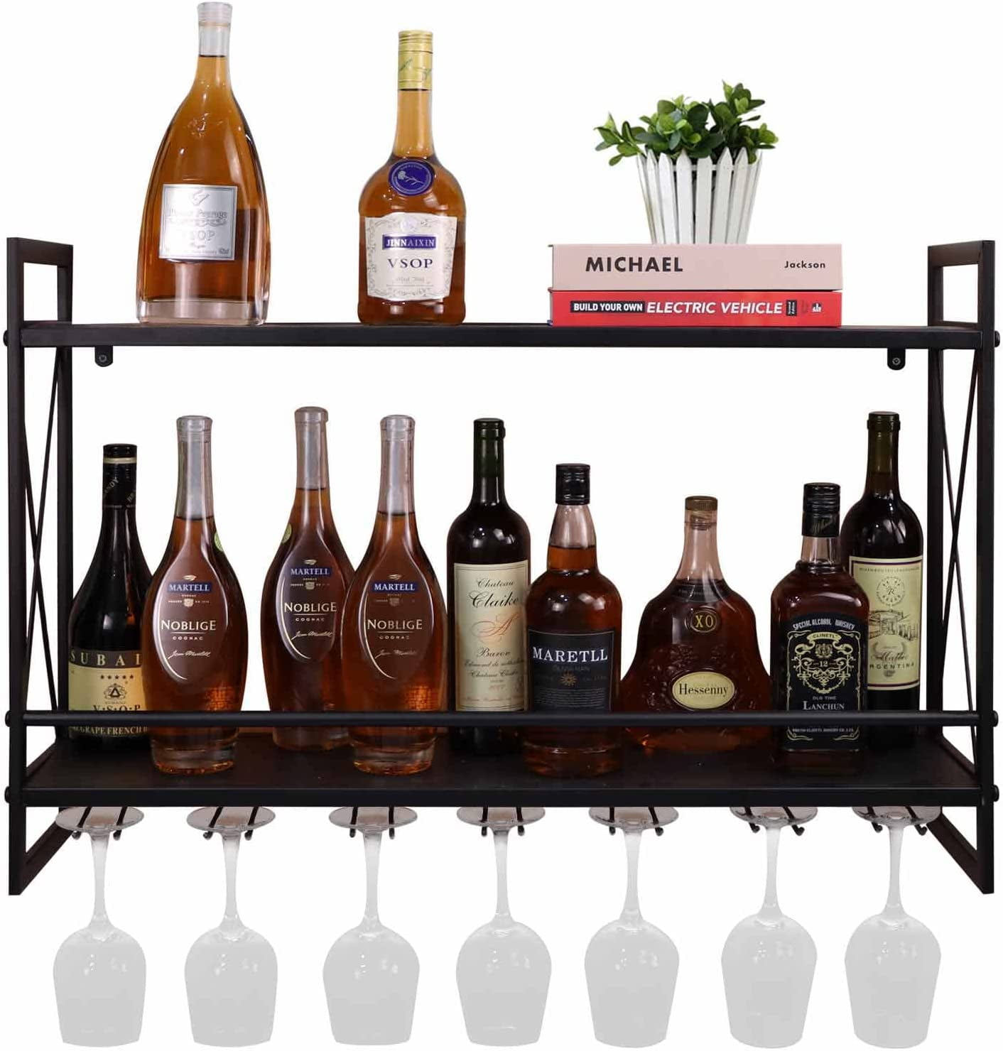 Industrial Wall Mounted Wine Racks with Glass Holder, 31.5in Rustic ...
