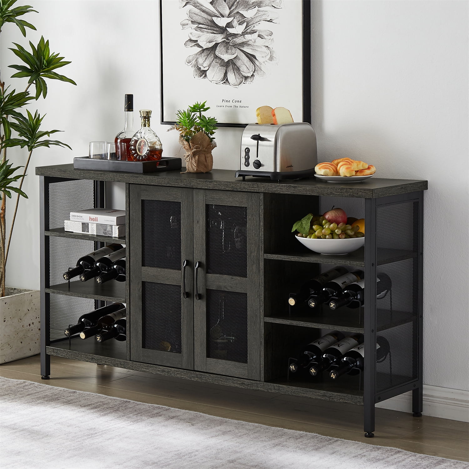Industrial Wine Bar Cabinet with 2 Doors, Modern Buffet Sideboard with ...