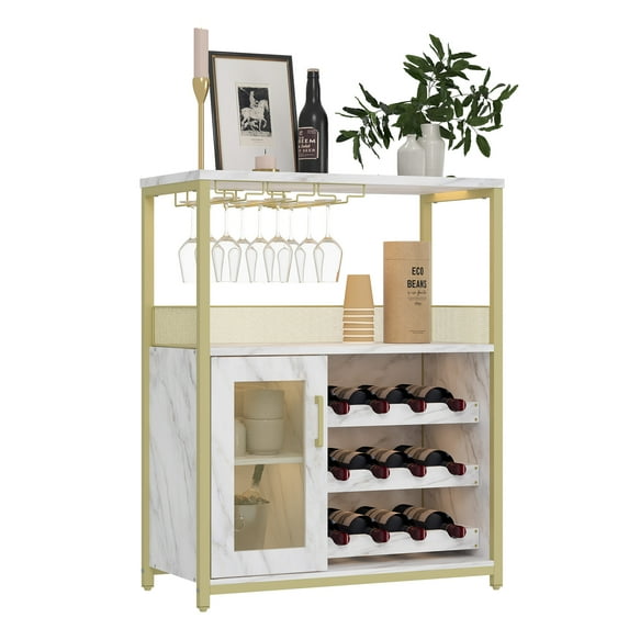 Industrial Wine Bar Cabinet with LED Light, Adjustable Shelves, Glass ...