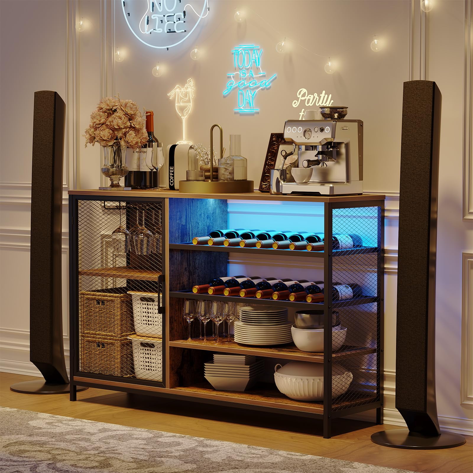 Industrial Wine Bar Cabinet with LED Light and Power Outlets, 47inch ...