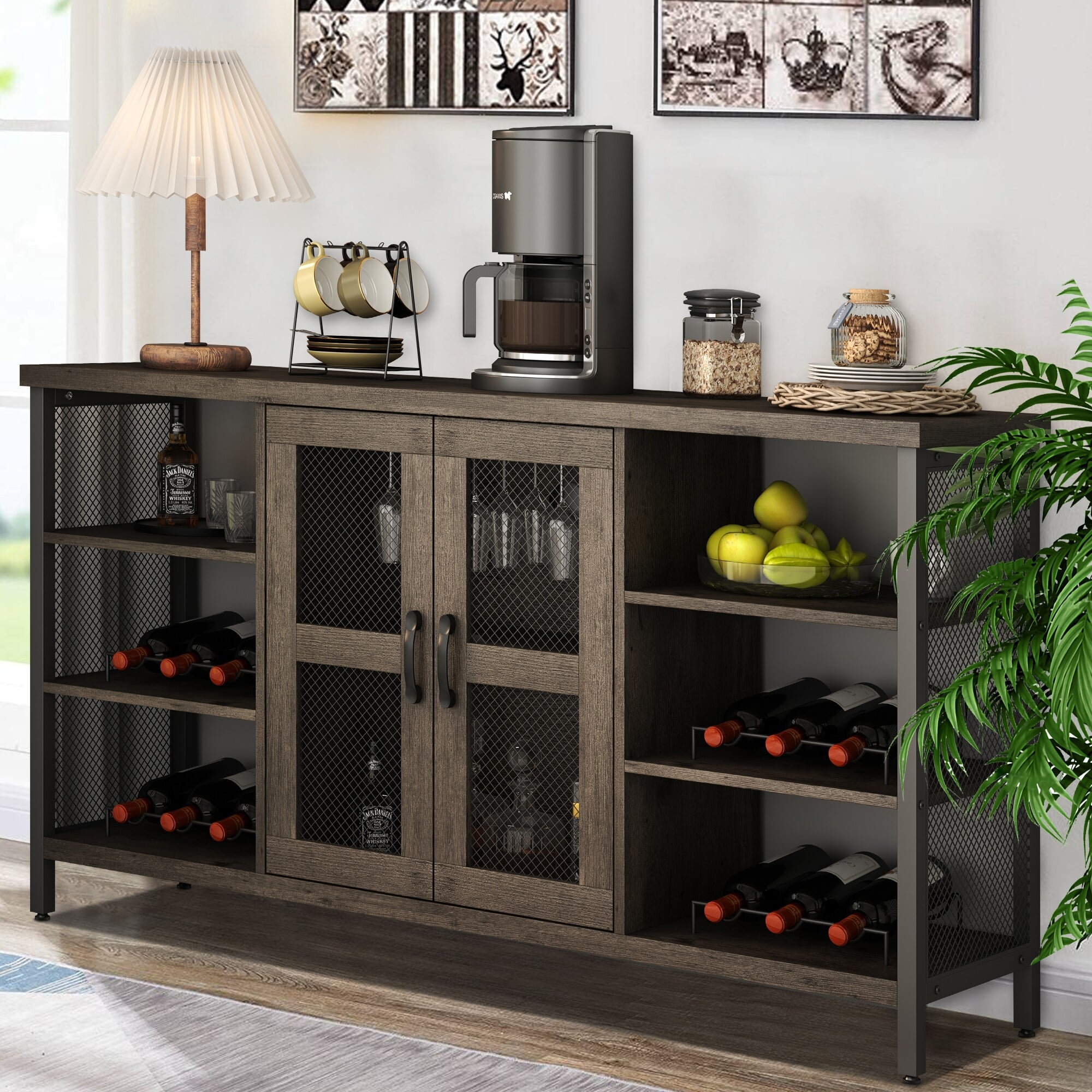 Industrial Wine Bar Cabinet Wood Buffet Cabinet Wine Rack Sideboard ...