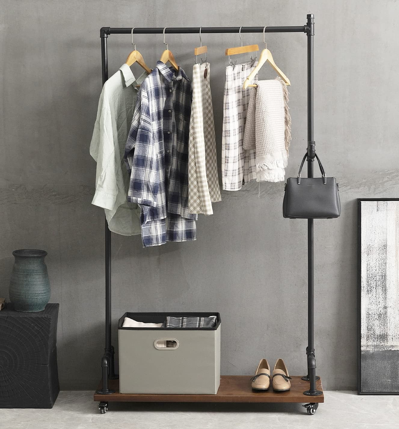 Industrial Wood Pipe Clothing Rack, Rolling Garment Rack Clothes Rack ...