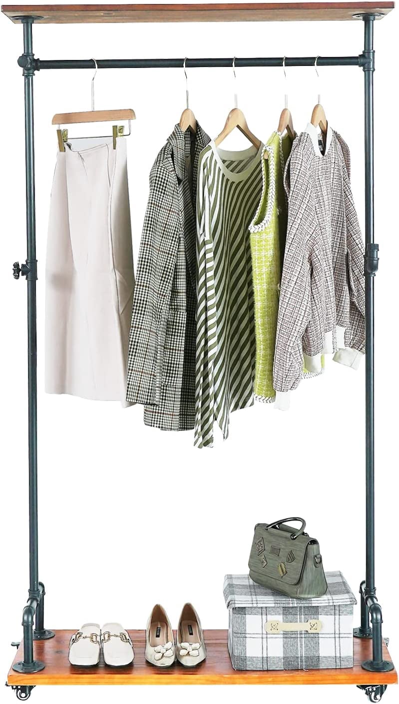 Industrial Wood Pipe Clothing Rack, Rolling Garment Rack Clothes Rack ...