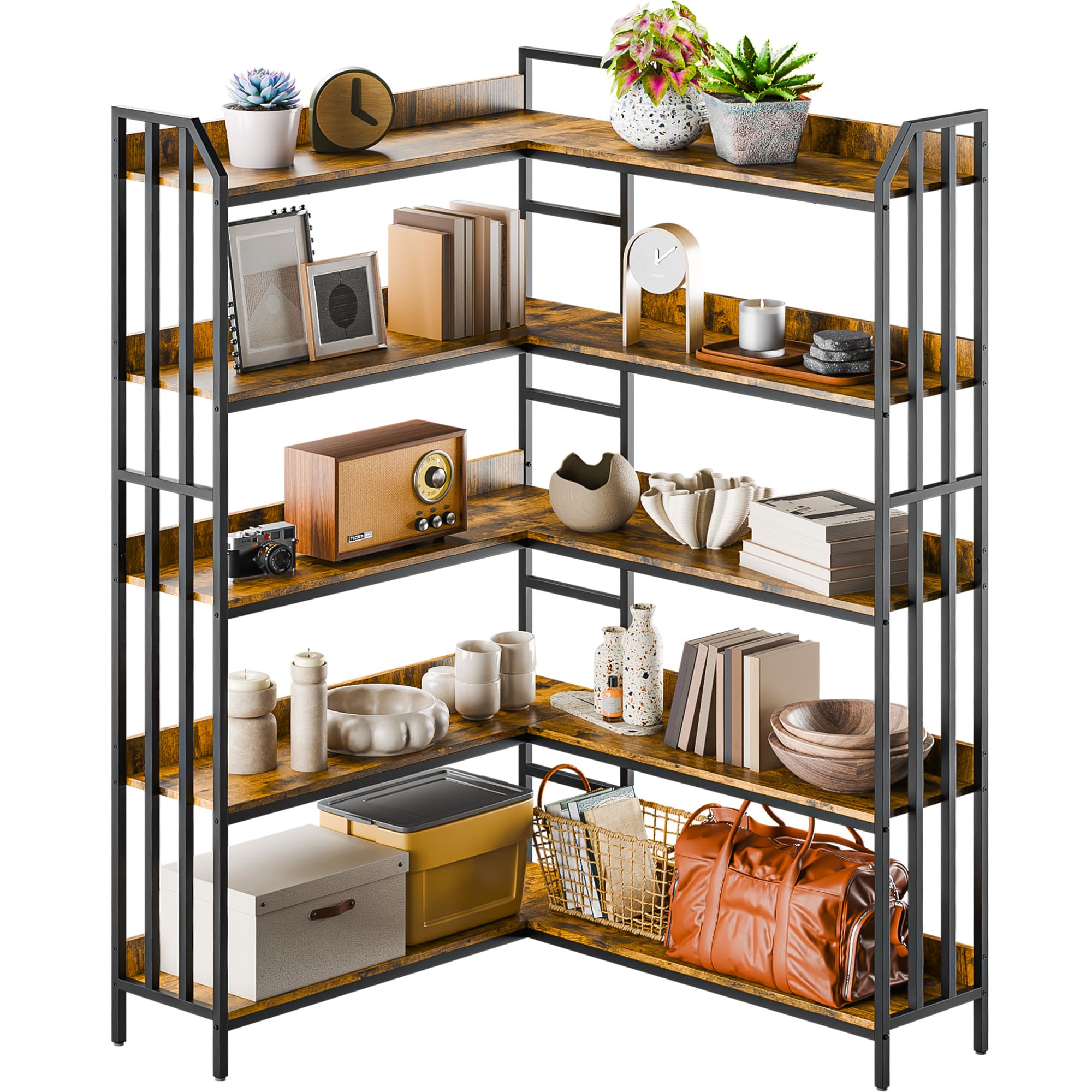 Industrial Wooden Bookshelf 5 Tiers L Shape, Corner Bookcase with ...