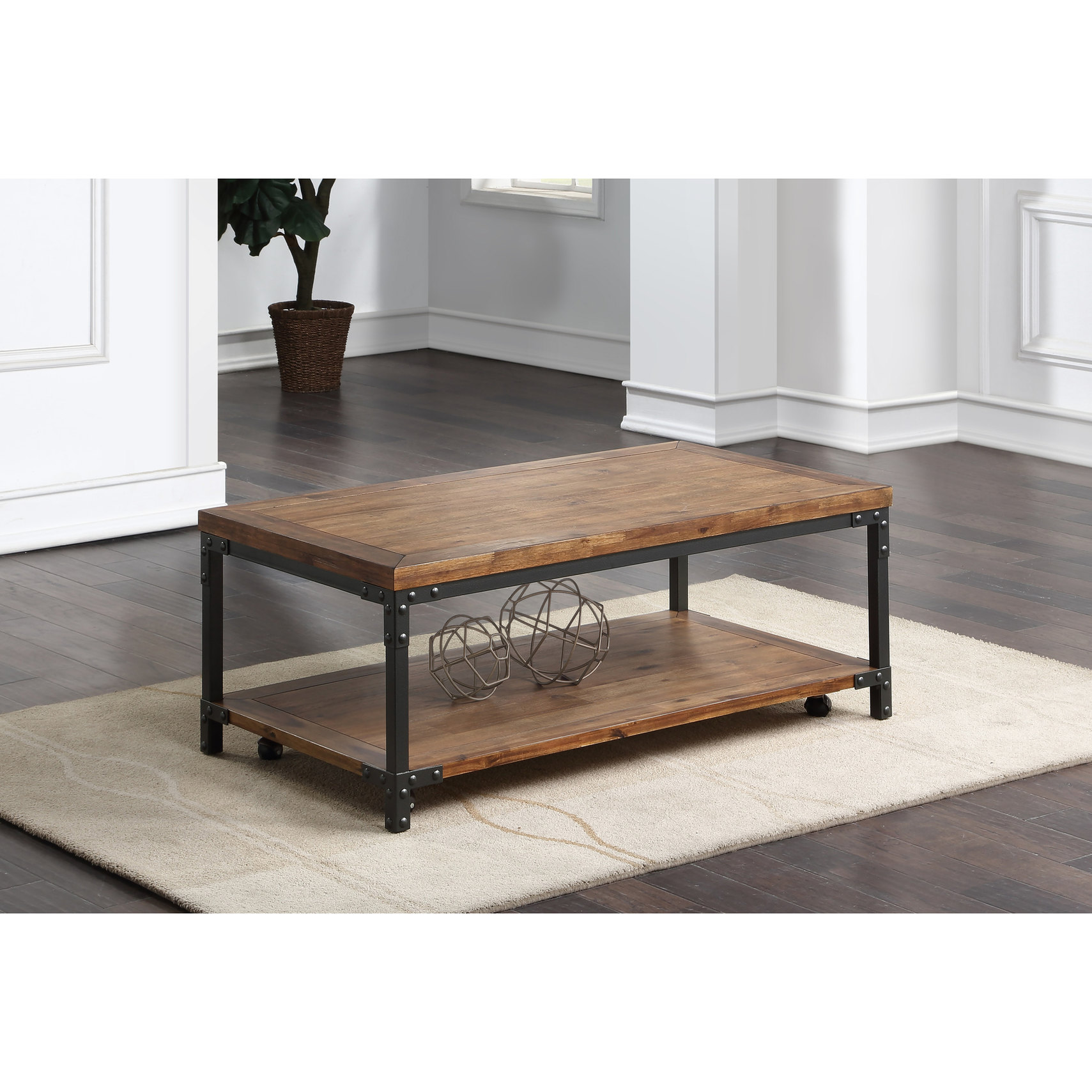 Industrial cocktail table, honey finish and shelf / Serves as ...