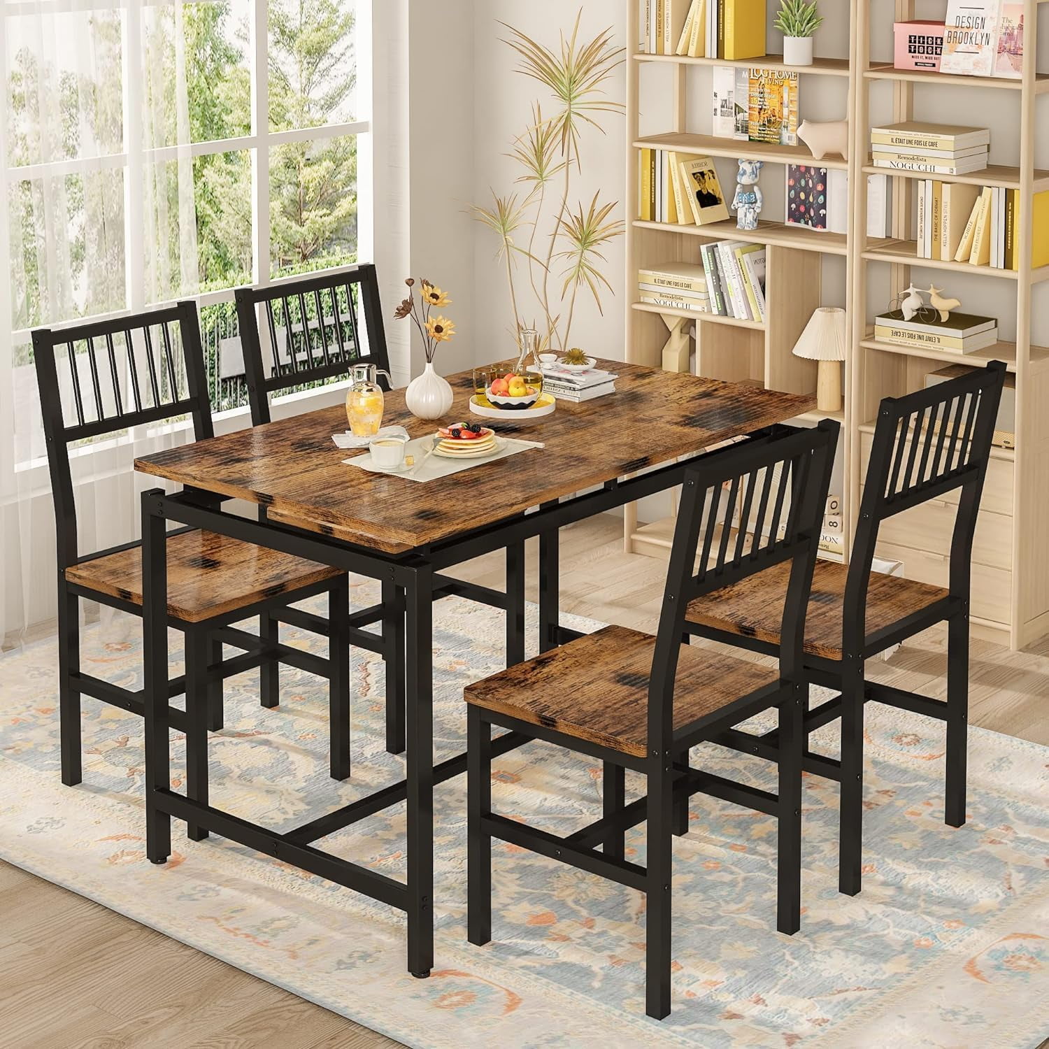 Industrial dining table set with curved chairs, 5-piece kitchen table ...