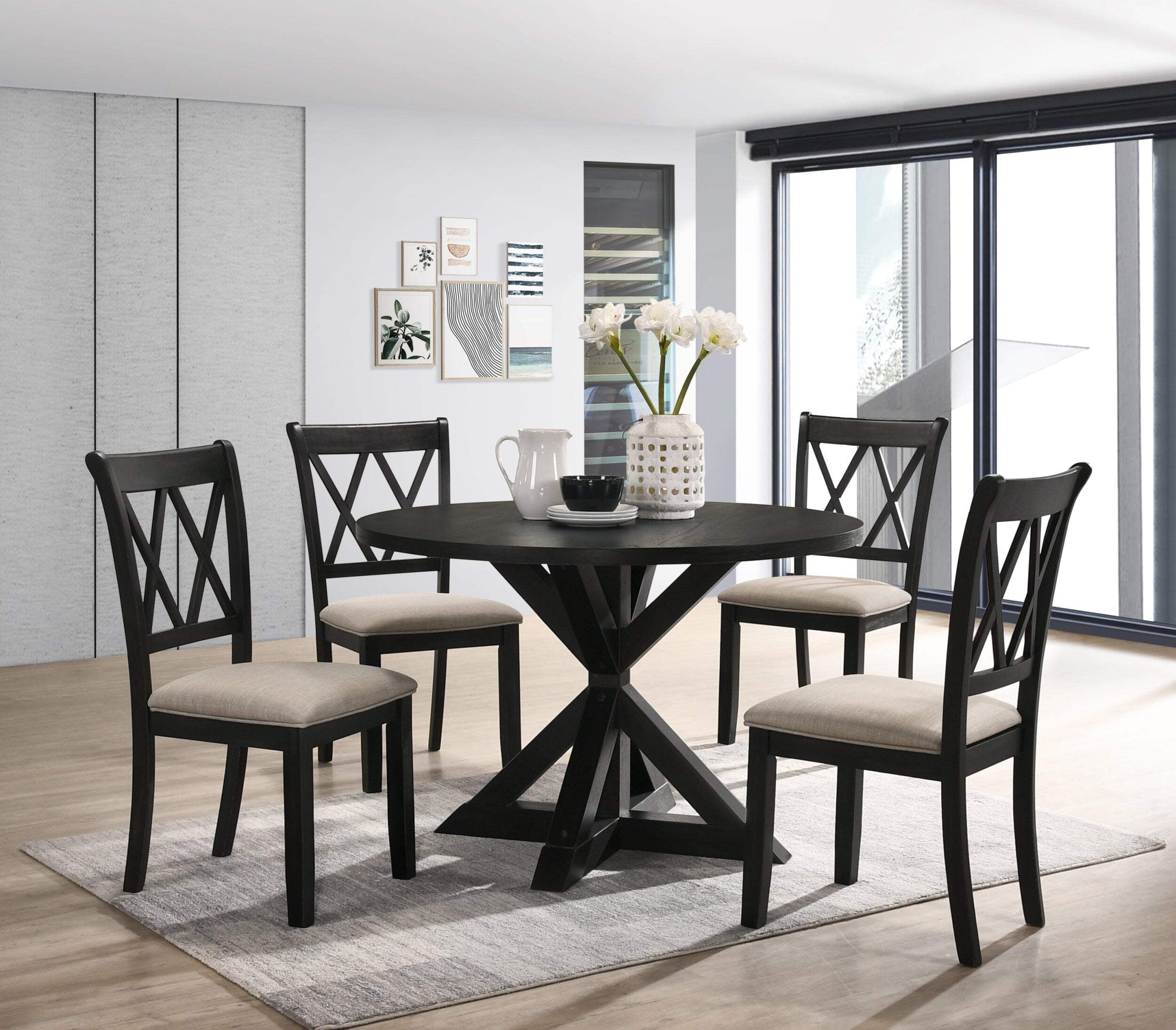 Indvale Cross Buck Wood 5 Piece Dining Set In Black Wood Dining Room ...