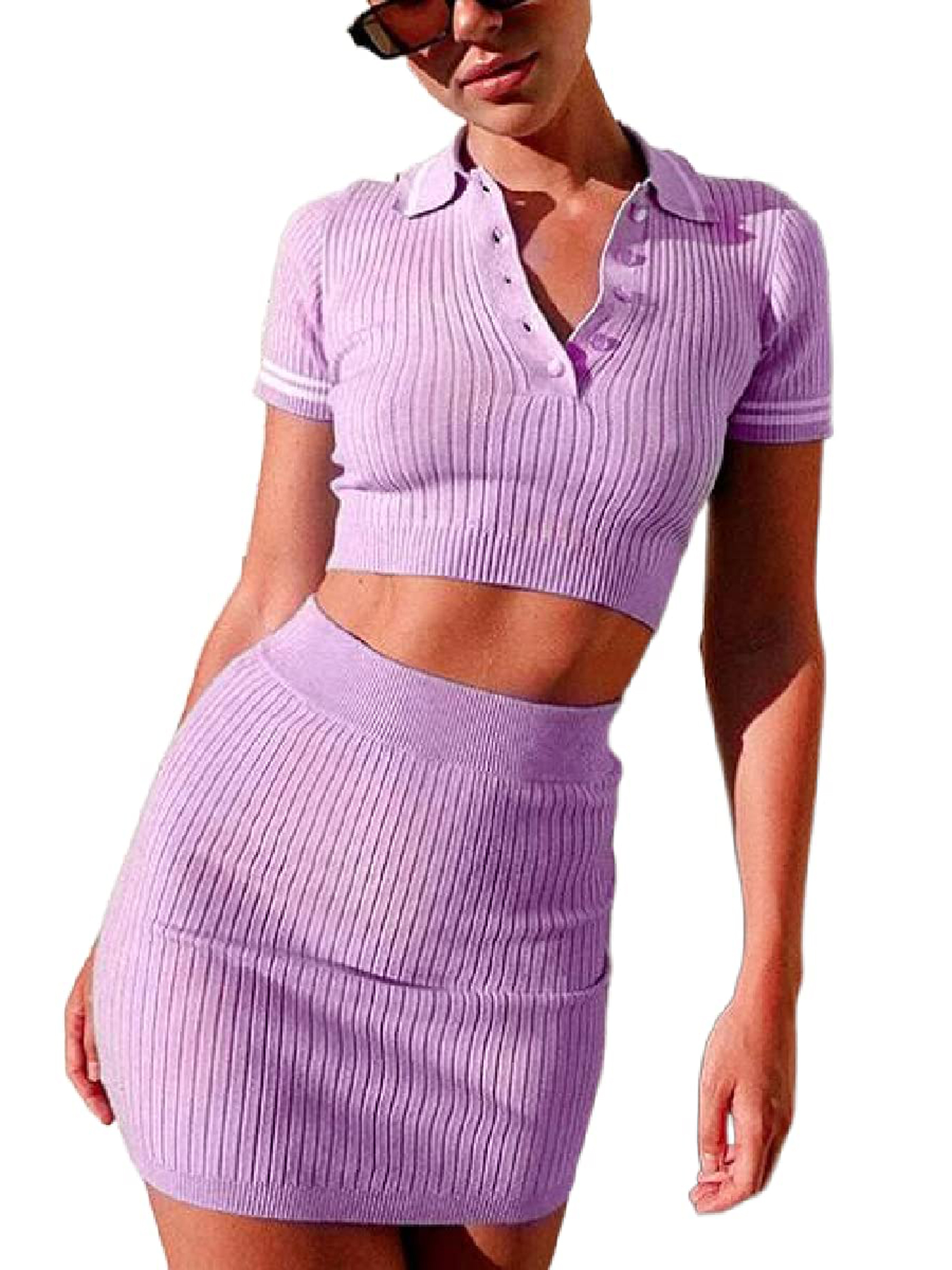 Inevnen 2 Piece Mini Dress for Women Knitted Short Sleeve Crop Top ...