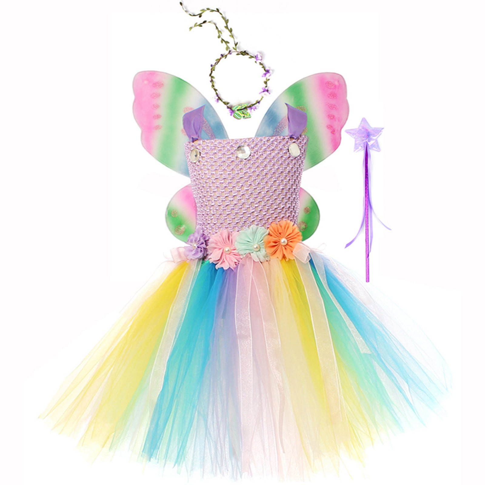 Inevnen Fairy Princess Dress for Girls Butterfly Wings Dress Up Cosplay Costume 4pcs Set for ...