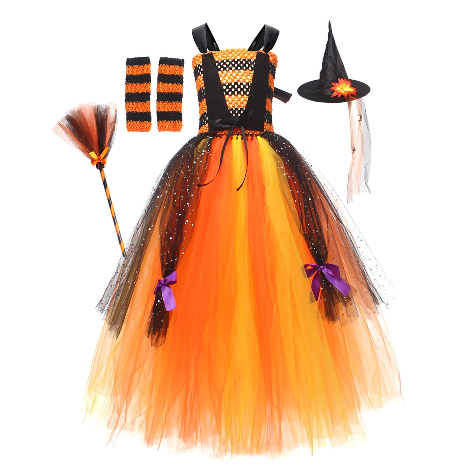 Inevnen Girl Halloween Witch Costume Tulle Dress Spider Hat Sleeves ...