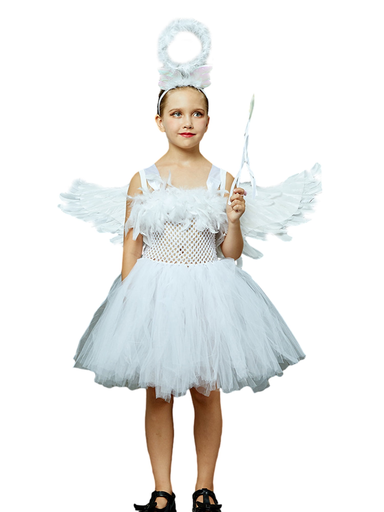 Inevnen Girls Angel Costume Deluxe Tutu Dress with Wings Wand Halo ...