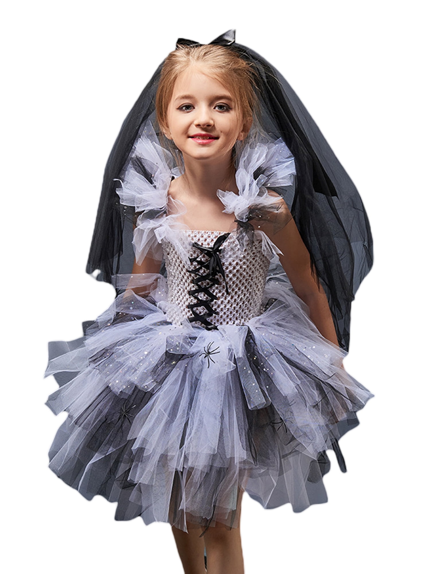 Inevnen Girls Ghost Bride Costume, Zombie Bride Tutu Dress with Bridal ...